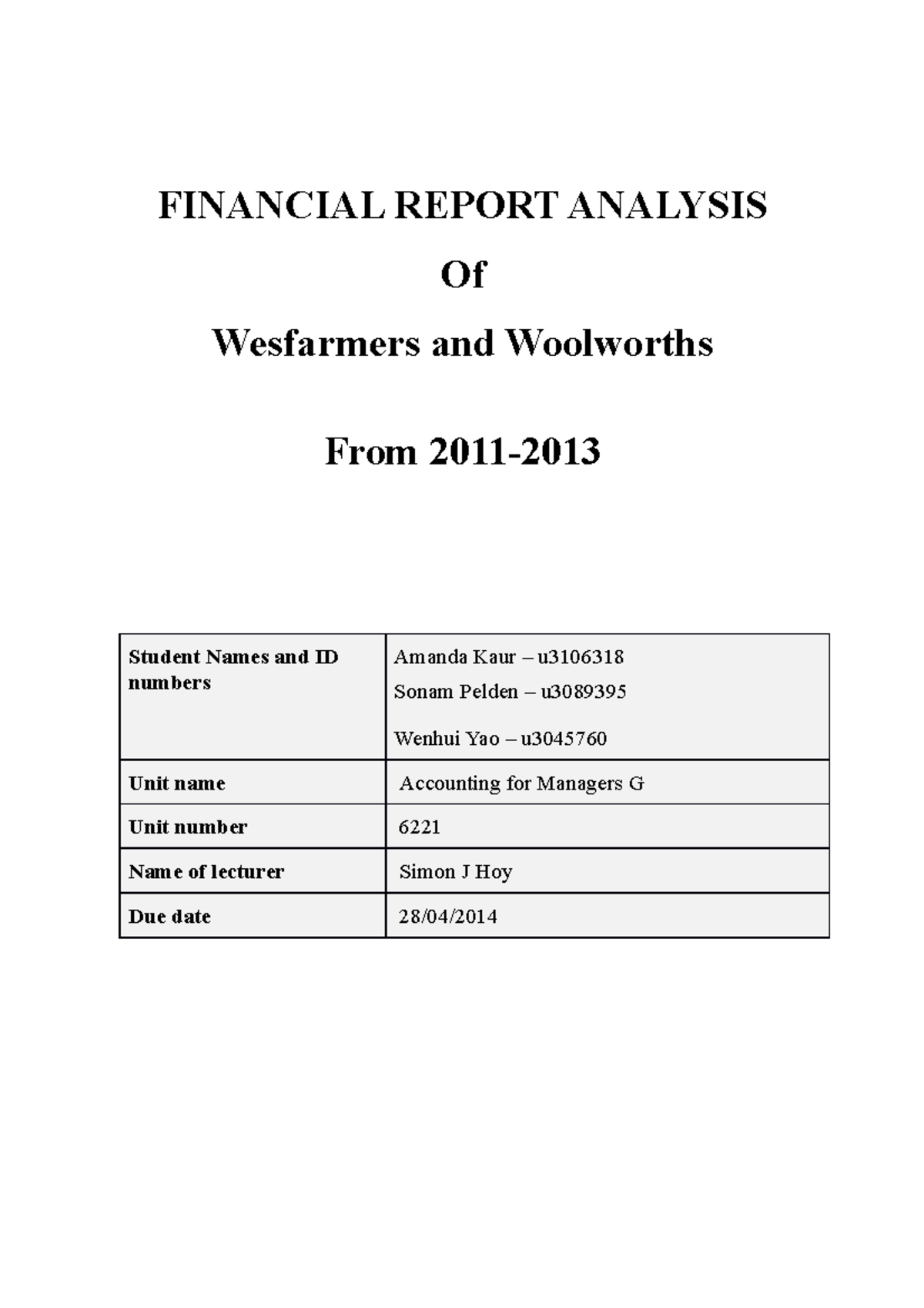 Final assignment AFM - FINANCIAL REPORT ANALYSIS Of Wesfarmers and ...