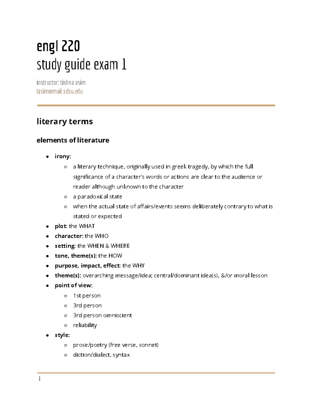 ENGL 220 Exam 1 Study Guide - engl 220 study guide exam 1 instructor ...