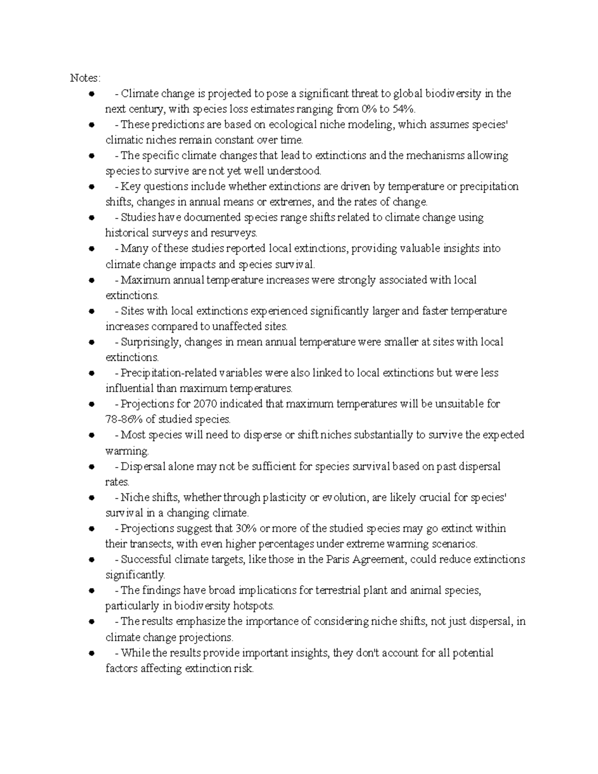 Recent responses to climate change notes - Notes: - Climate change is ...