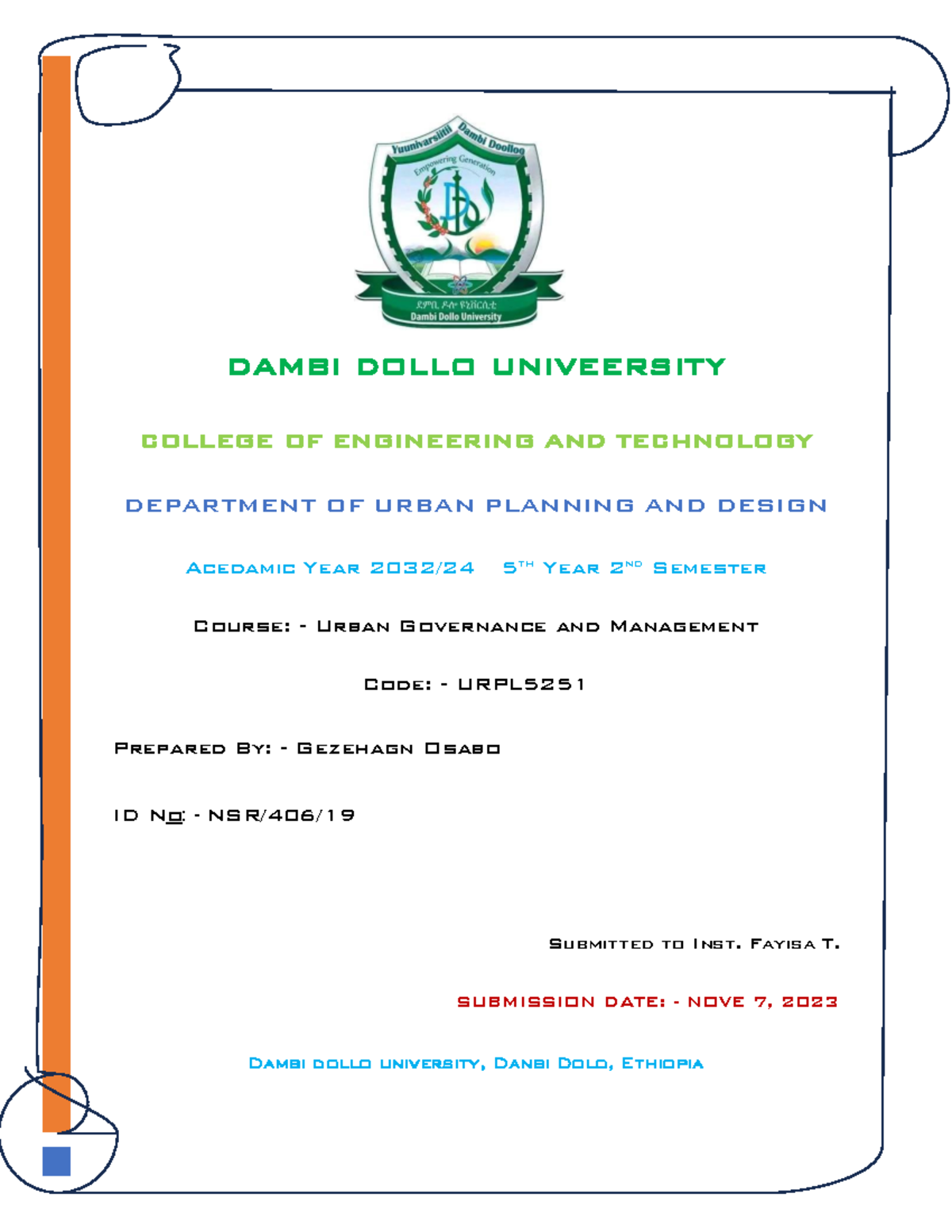 Urban Governance - Fayisa T. Dambi dollo university, Danbi Dolo ...