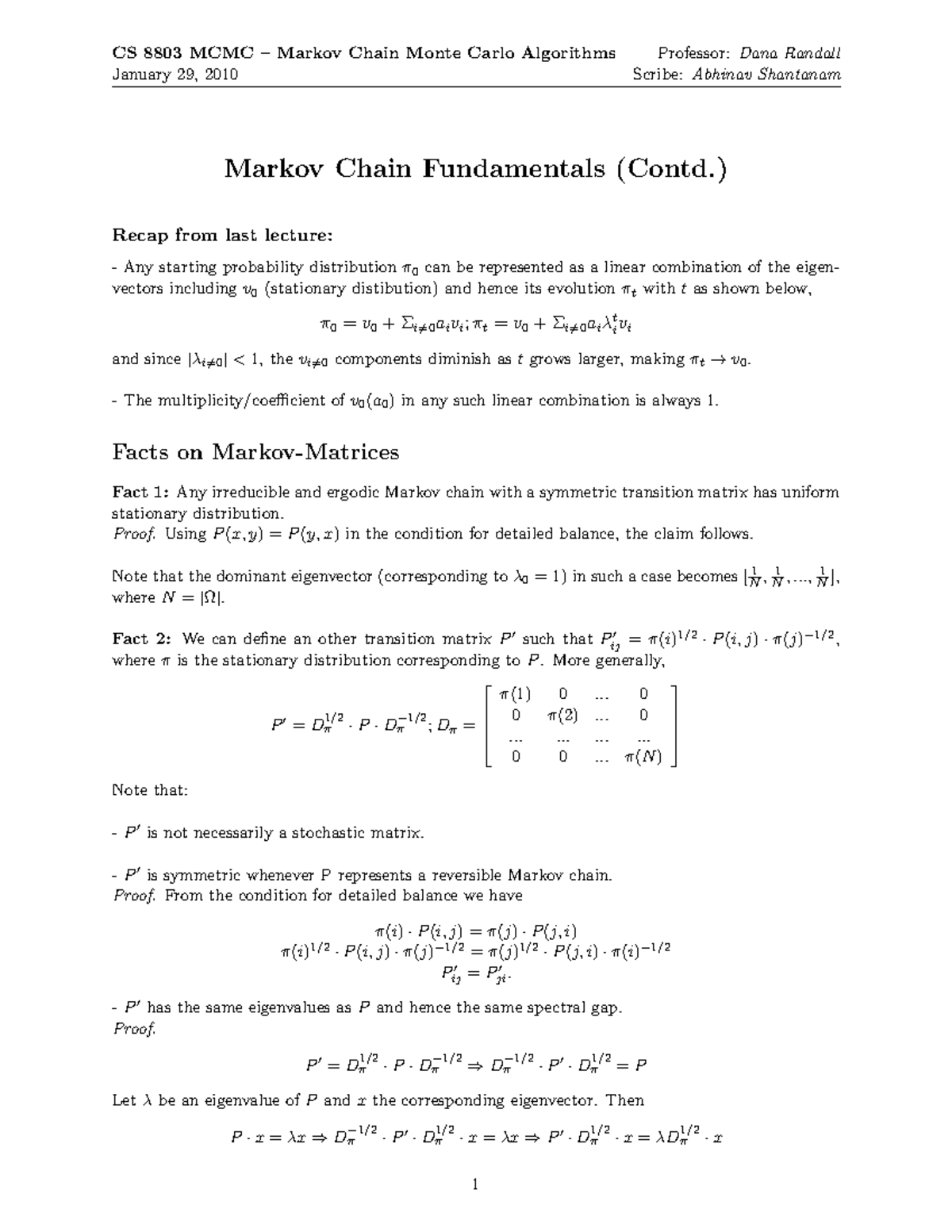 Markov chain fundamentals 2 - January 29, 2010 Scribe:Abhinav Shantanam ...