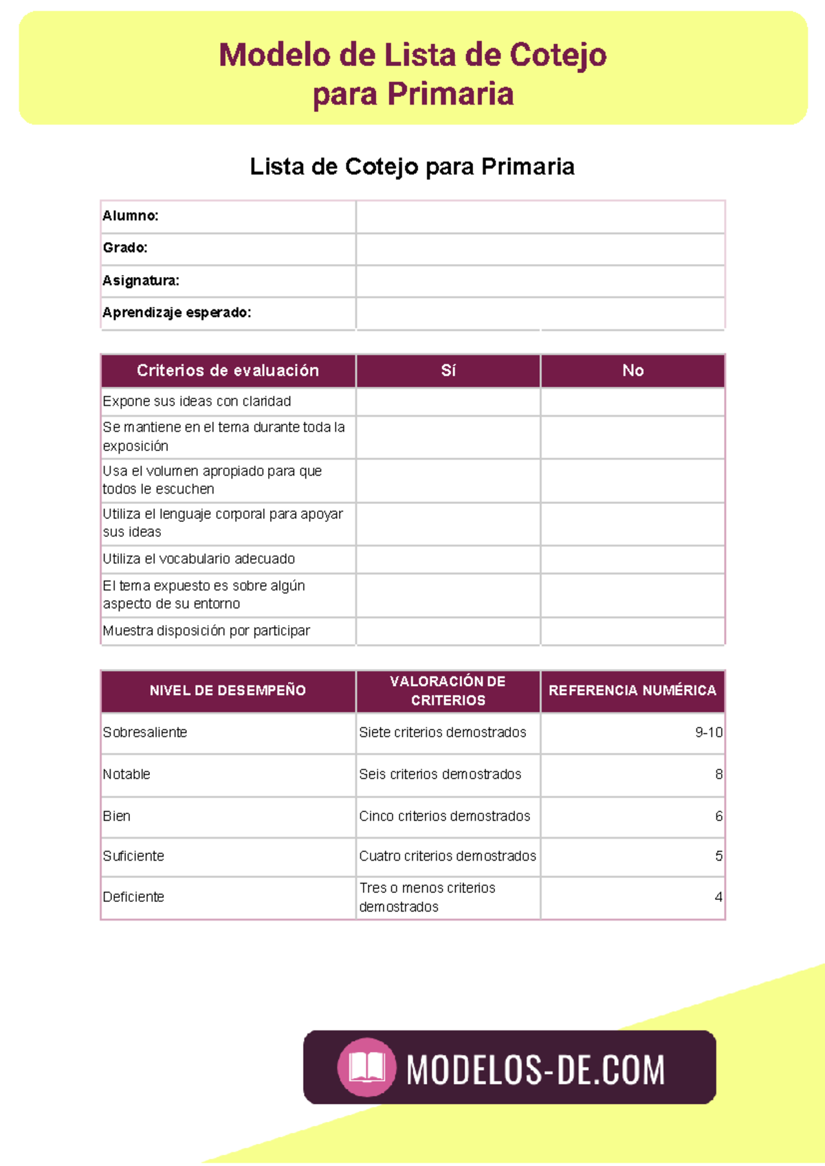 Formatos De Listas De Cotejo Para Primaria
