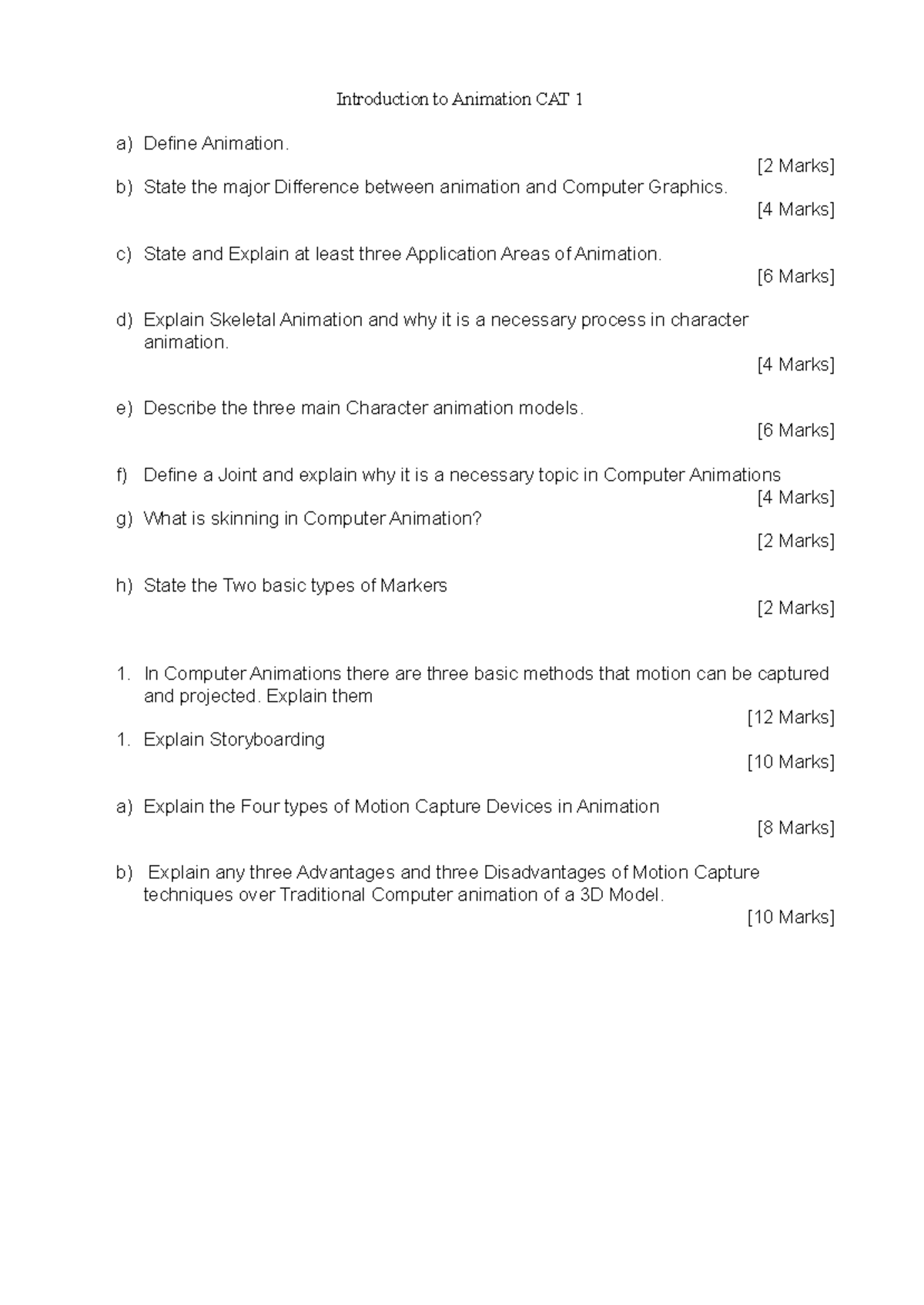 Introduction to Animation quiz - Introduction to Animation CAT 1 a ...