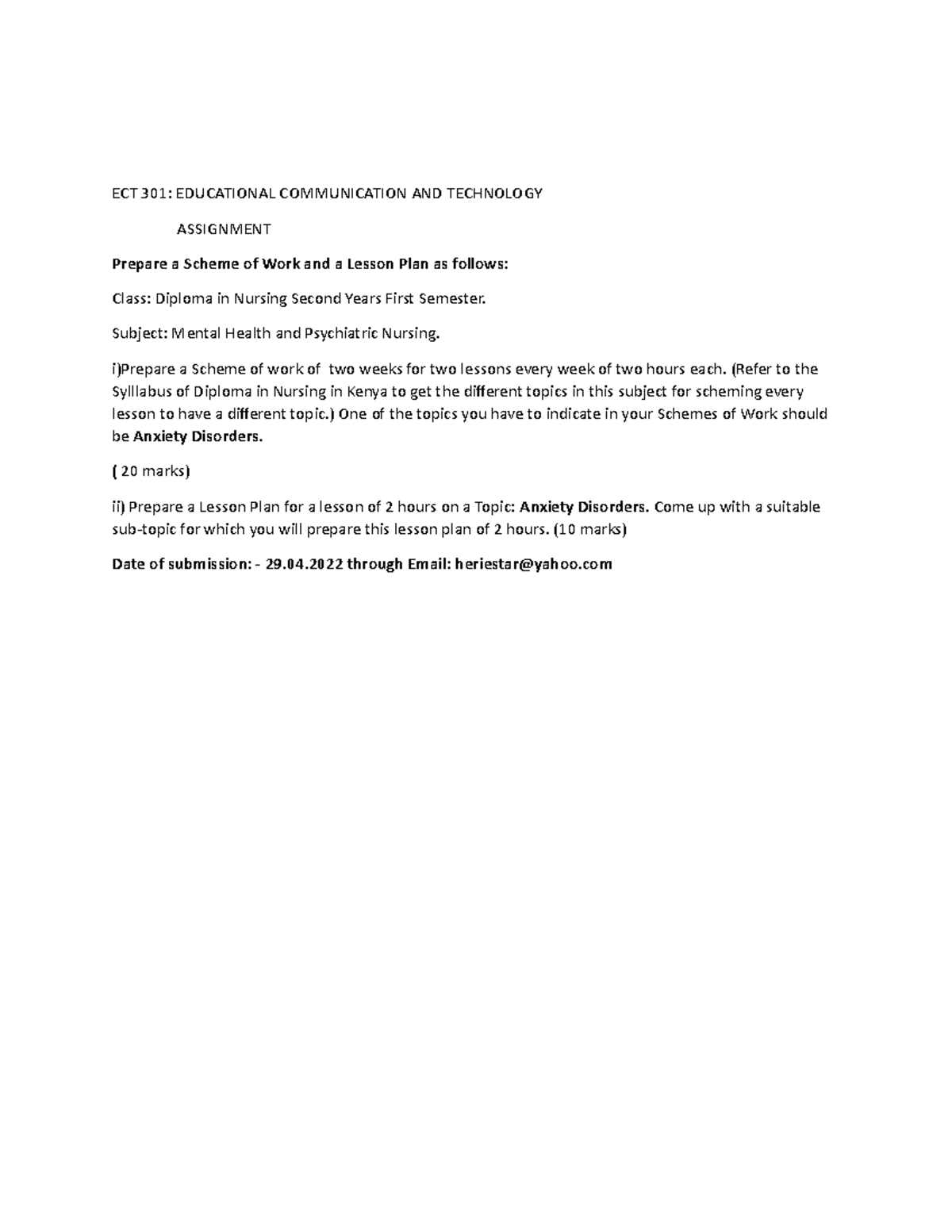 ECT 301- Assignment on lesson plan and scheme of work - ECT 301 ...