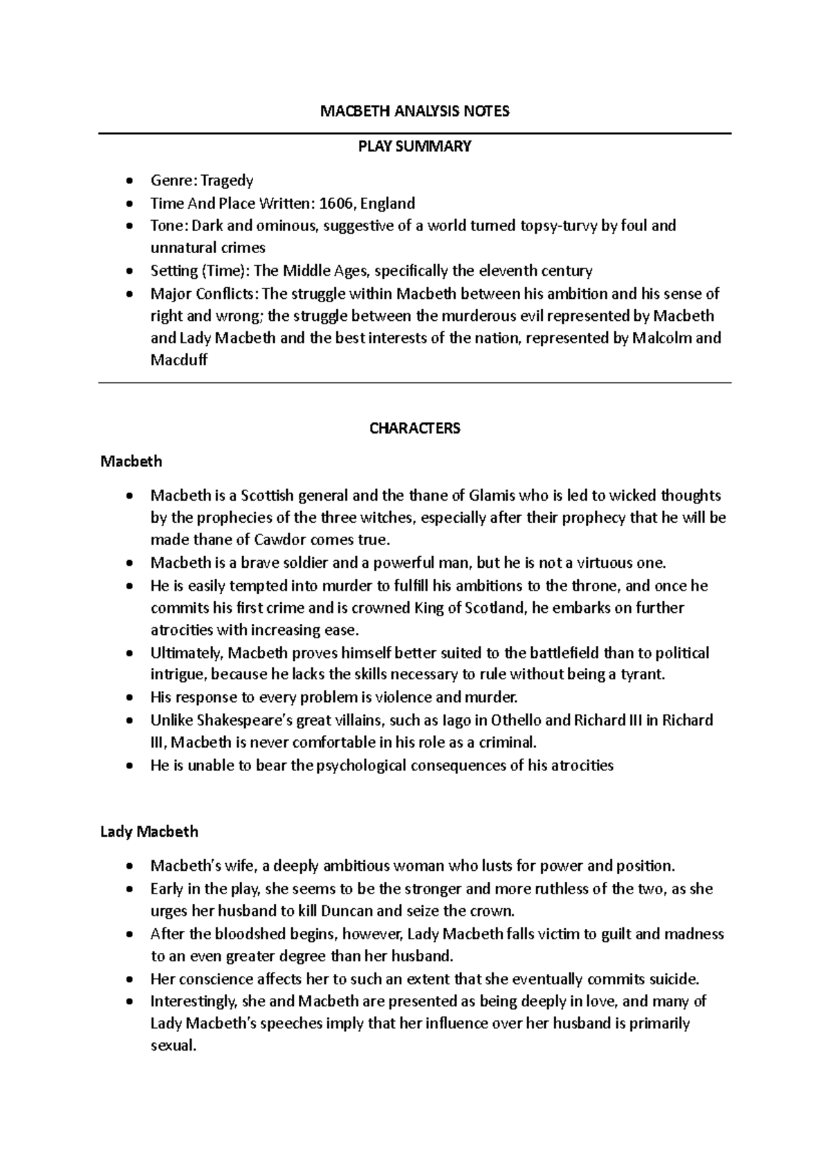 Macbeth Analysis Notes - MACBETH ANALYSIS NOTES PLAY SUMMARY Genre ...