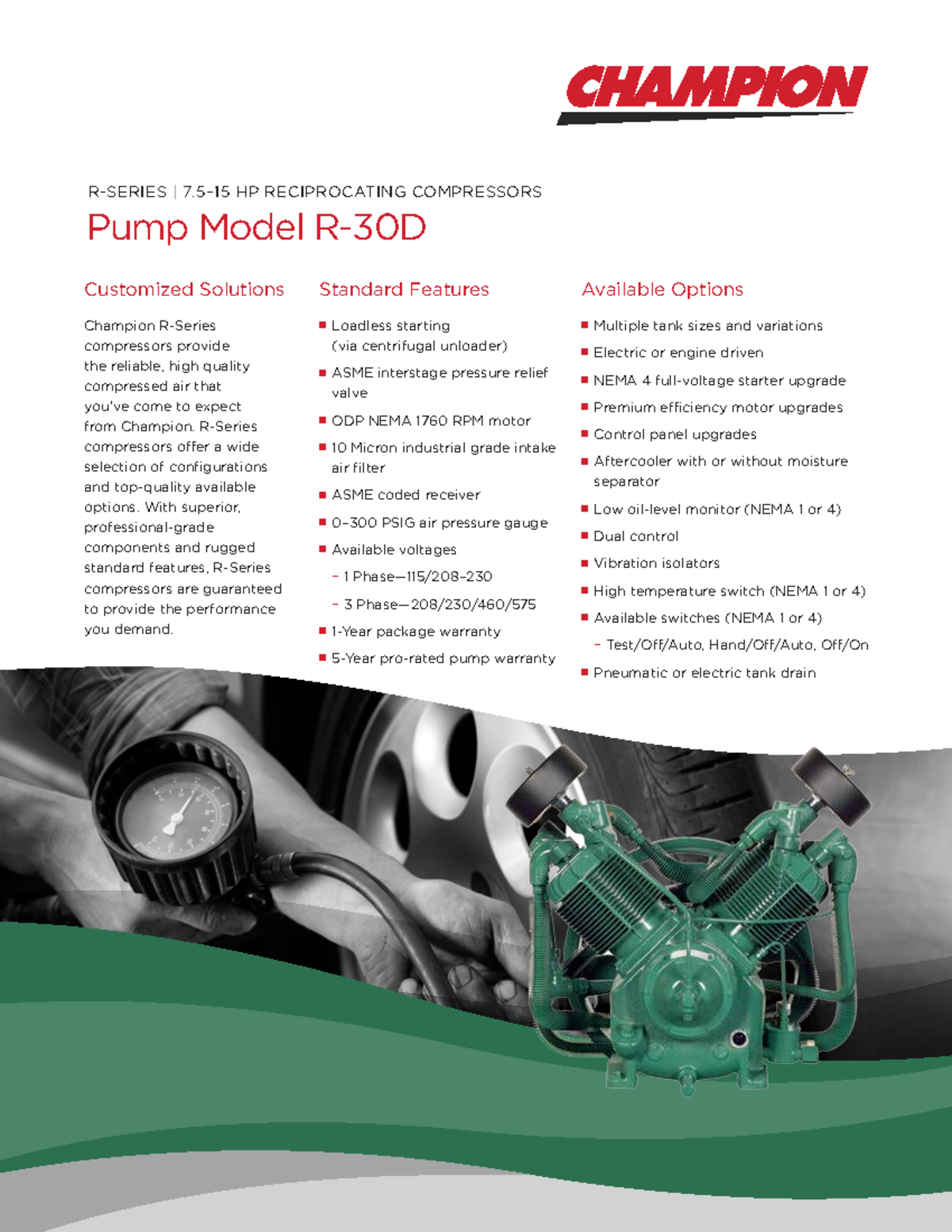 Champion R Series Pump Model R 30D Brochure - R-SERIES | 7–15 HP RECIPROCATING COMPRESSORS Pump ...