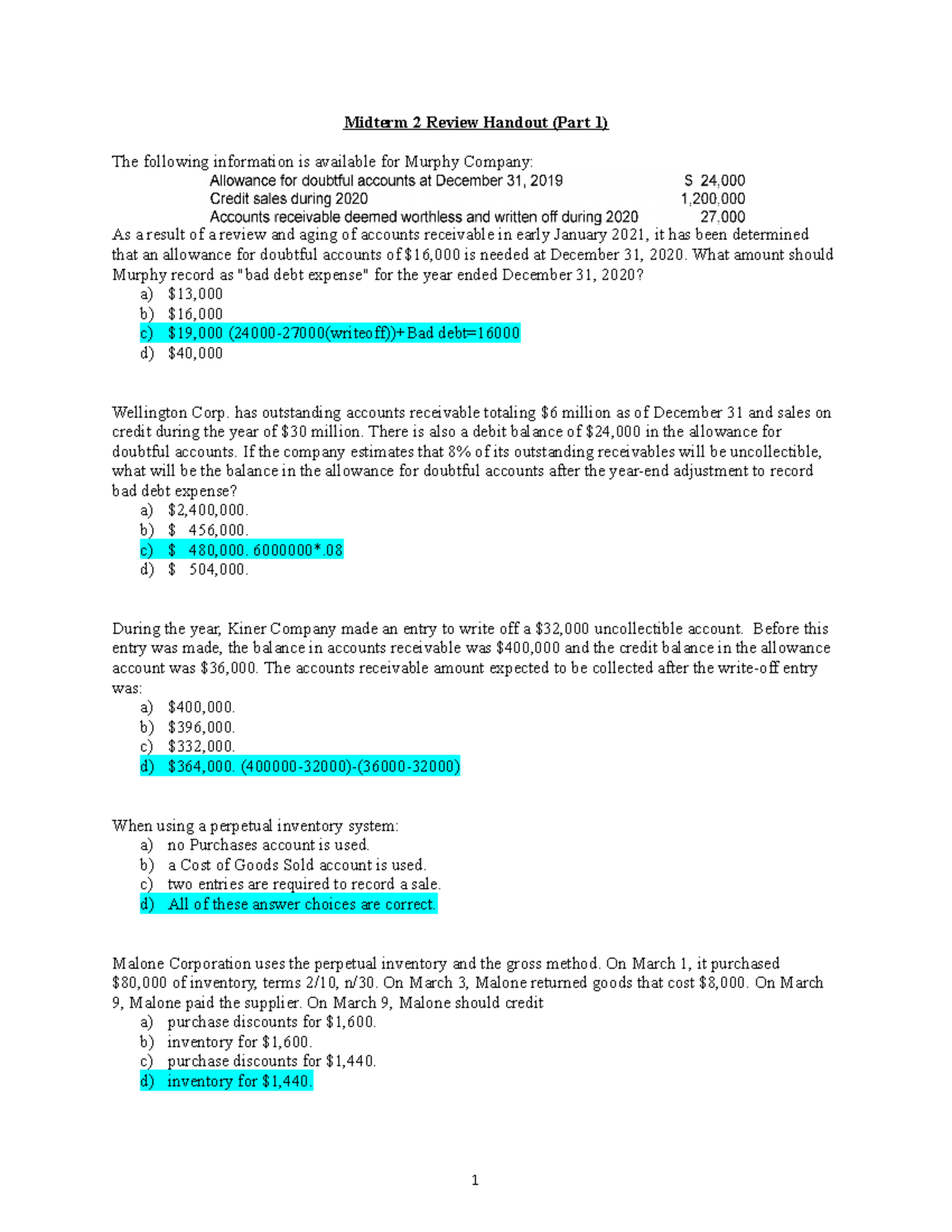 Midterm Exam 2 Review Handout (Part 1) - Midterm 2 Review Handout (Part ...