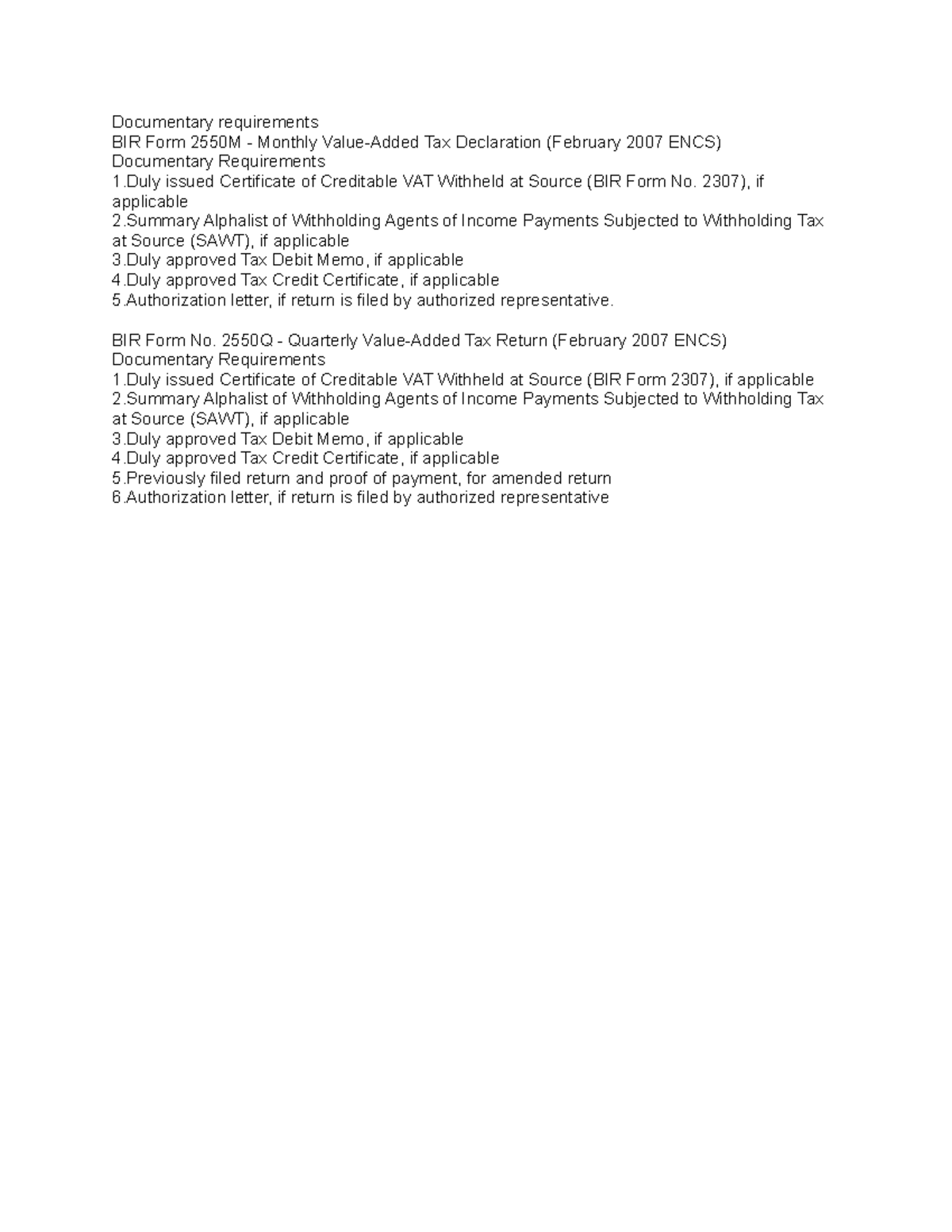 Documentary requirements w - Documentary requirements BIR Form 2550M ...