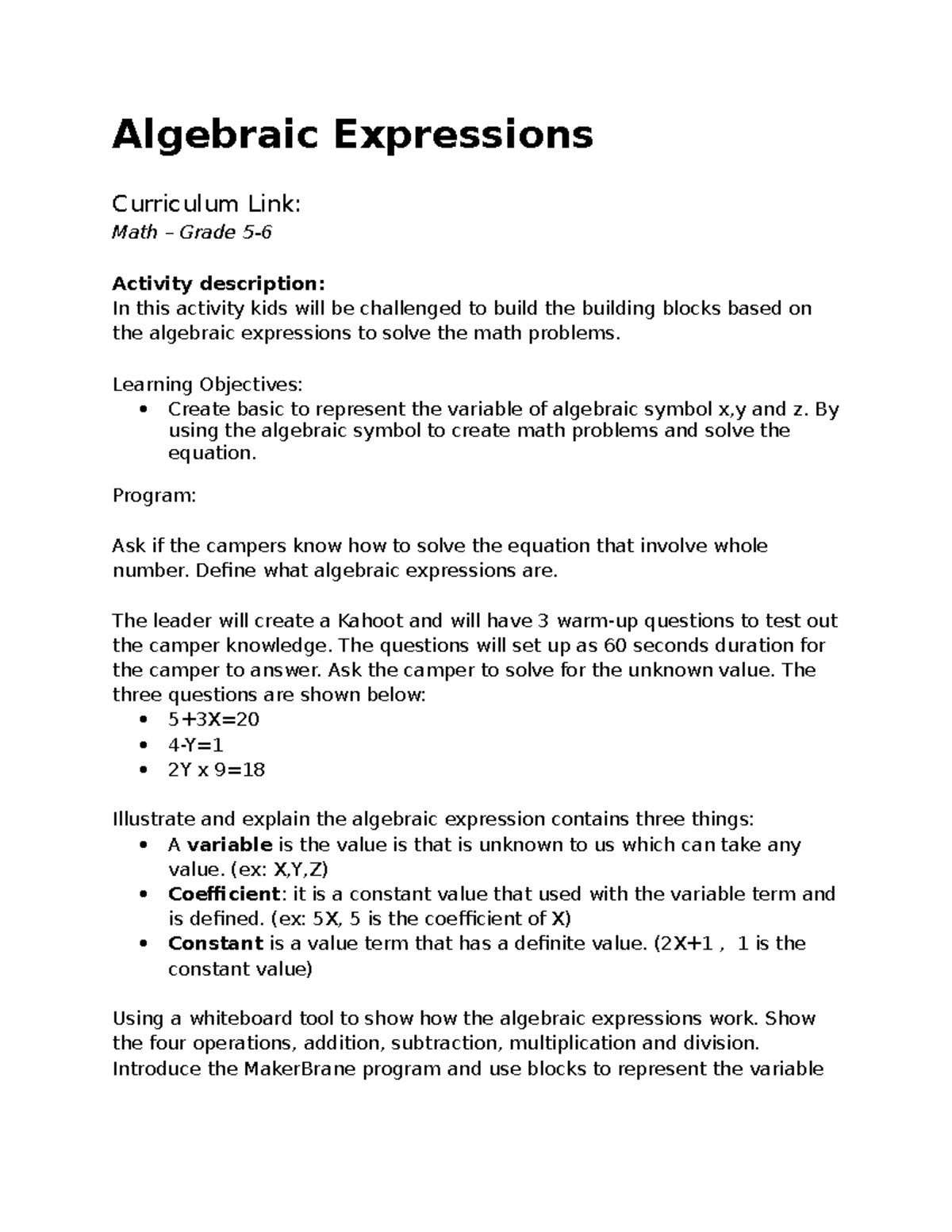 Algebraic Expressions - Learning Objectives: Create basic to represent ...