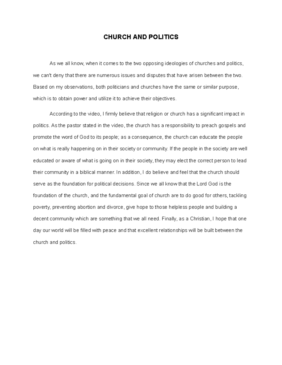 Church and Politics - Ethics - TIP - Studocu