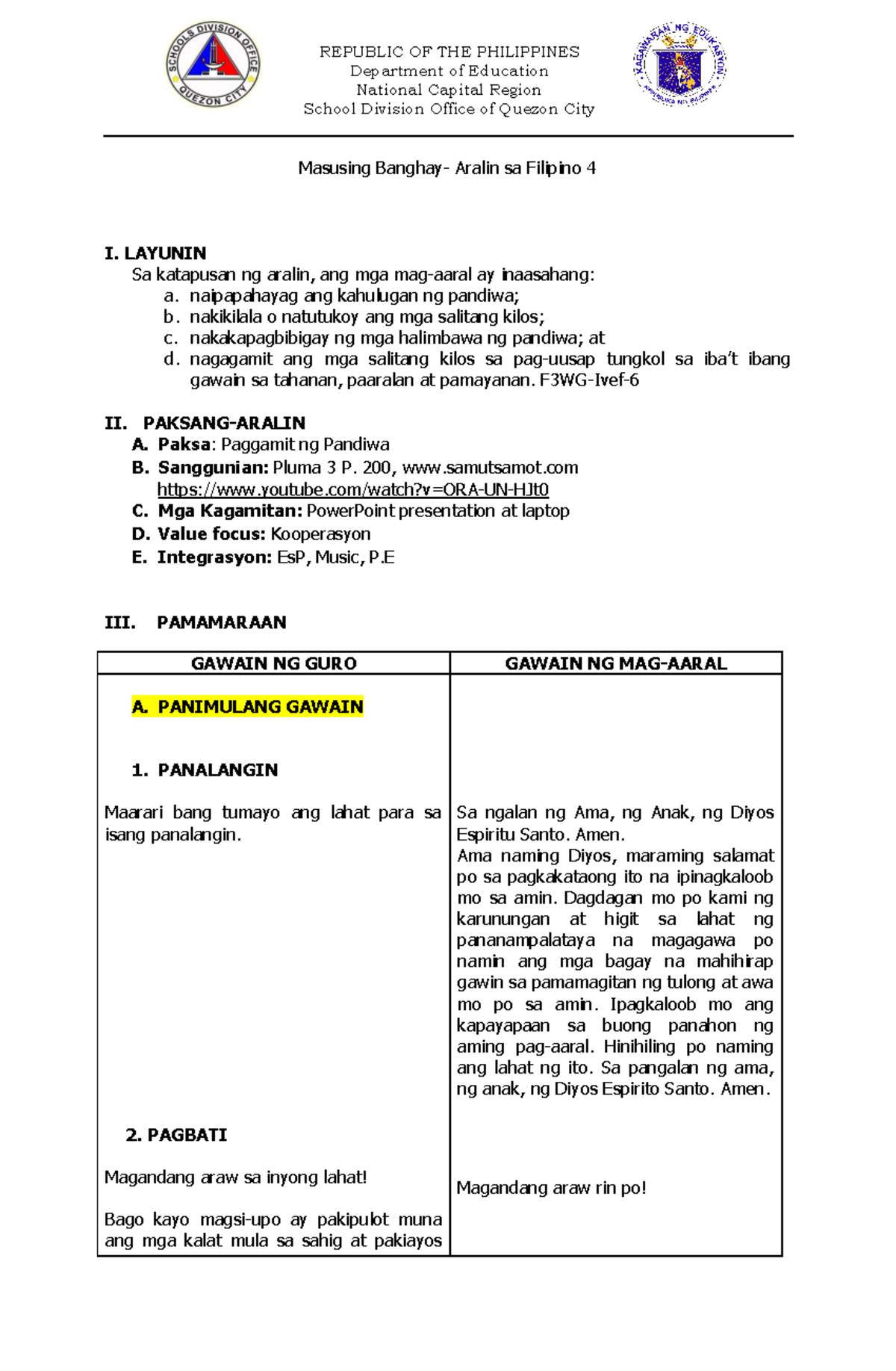 Alair, Angelu DLP - Masusing Banghay- Aralin sa Filipino 4 I. LAYUNIN ...