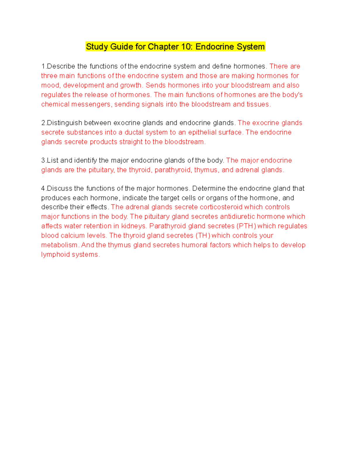 Study Guide for Chapter 10 Endocrine System - Study Guide for Chapter ...