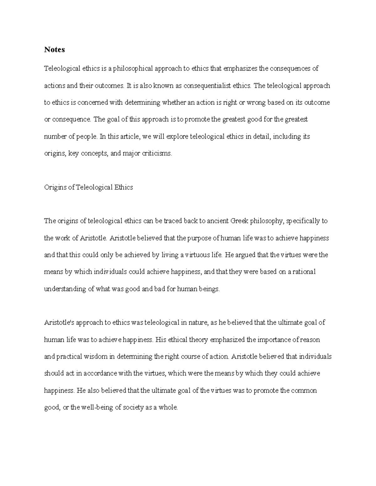 Teleological Ethics Overview - Notes Teleological ethics is a ...