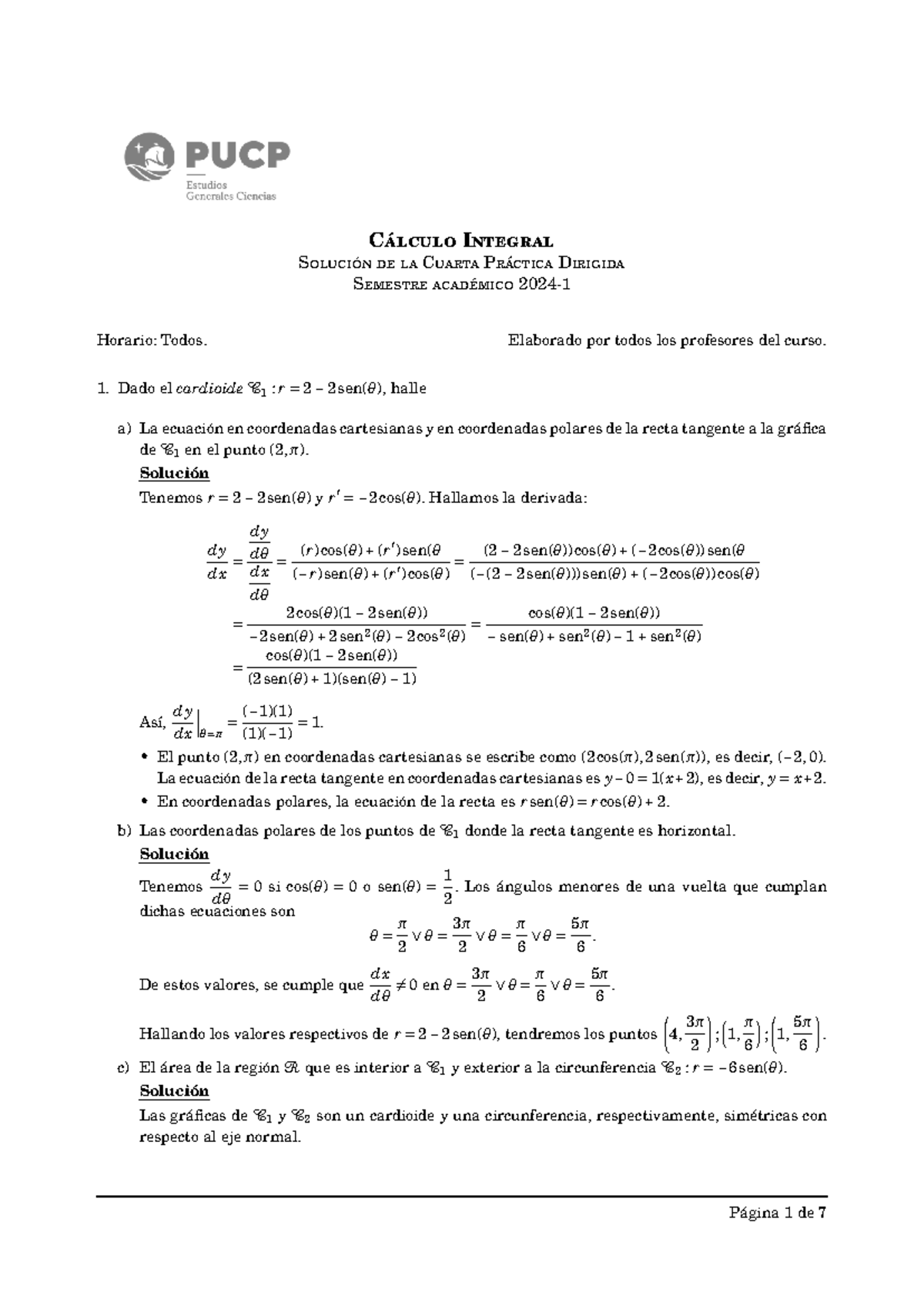 PD4 Grupal Solucion 2024 1 - Cálculo Integral Solución de la Cuarta Práctica Dirigida Semestre ...