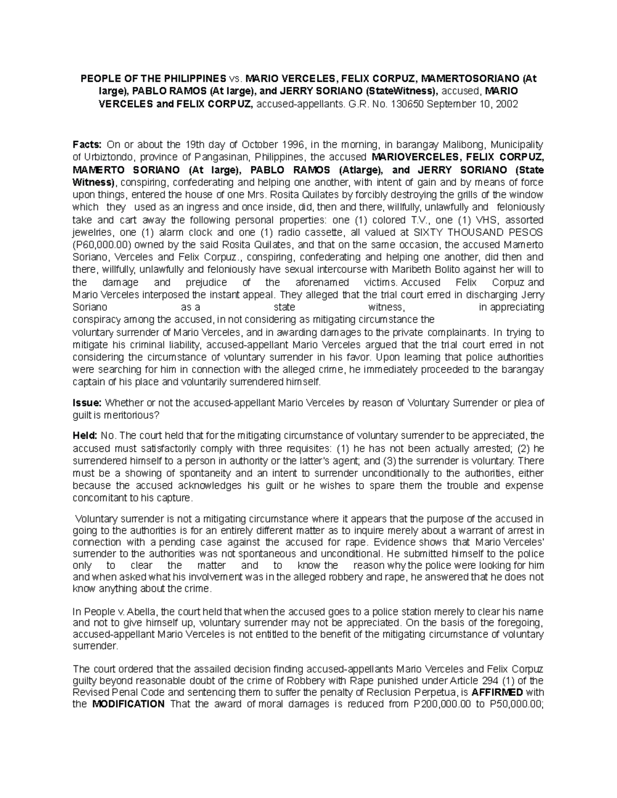 People vs. Verceles - Voluntary Surrender or plea of guilt - PEOPLE OF ...