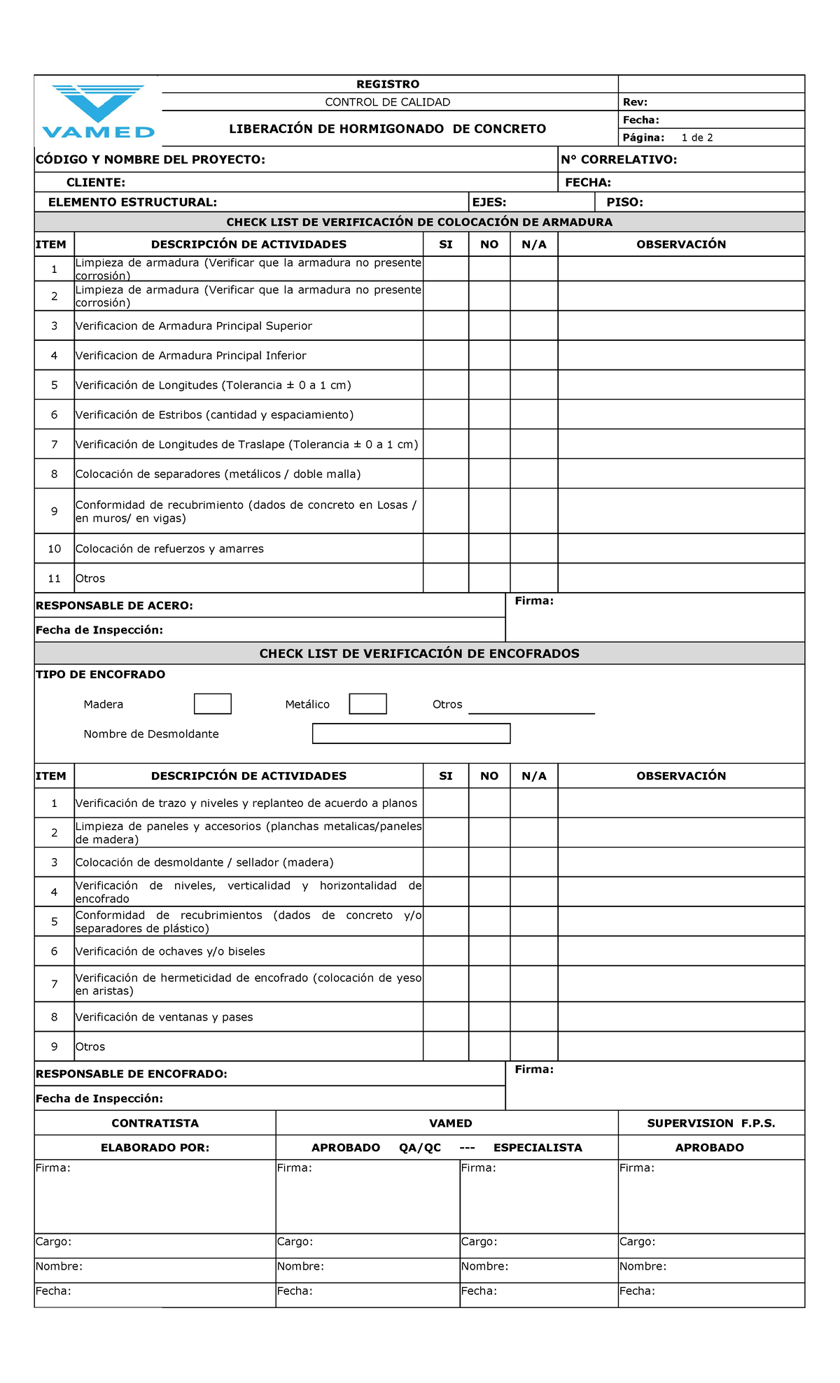 Control-calidad-hormigon, chek list - CONTROL DE CALIDAD Rev: LIBERACIÓN DE HORMIGONADO DE ...