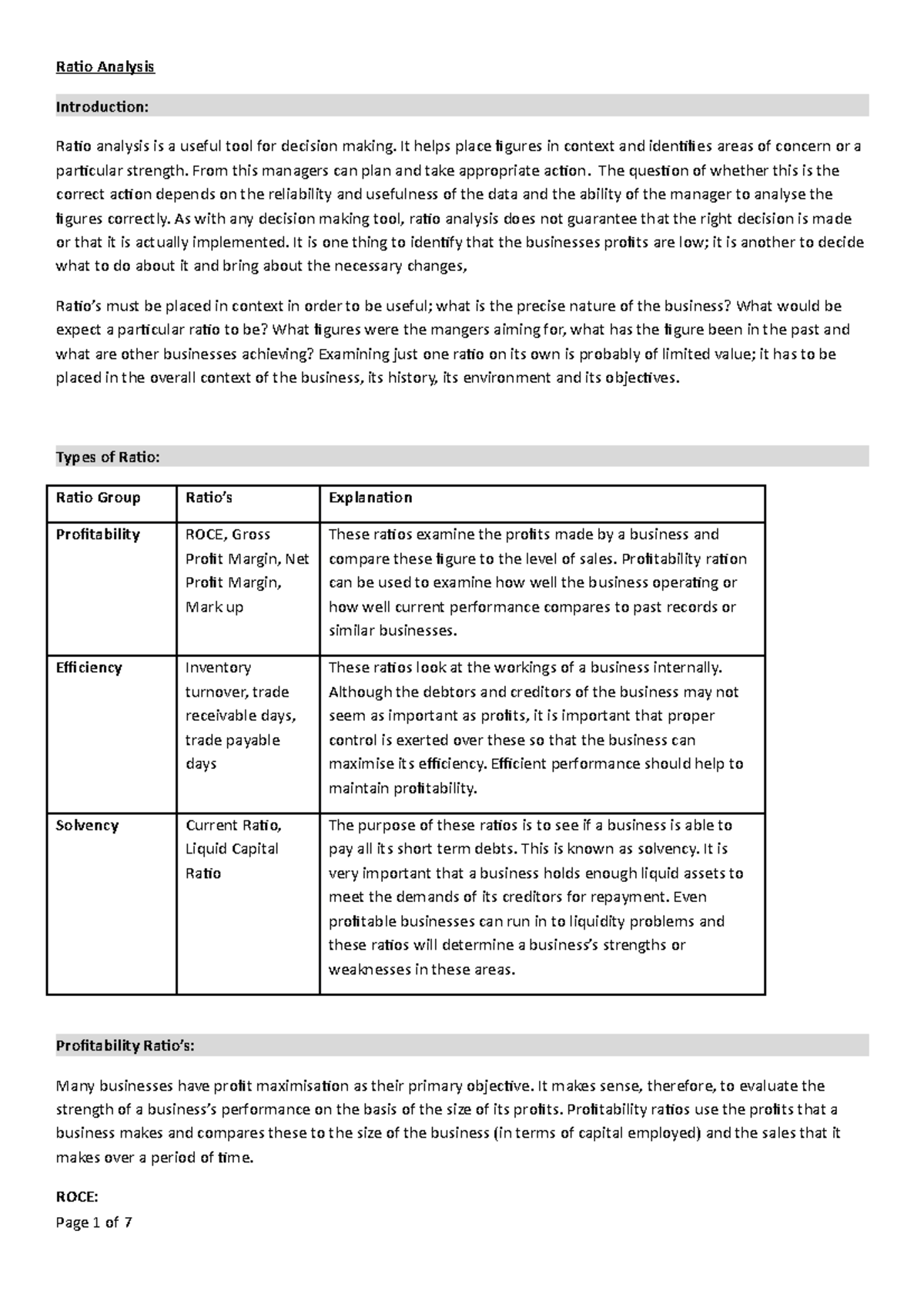 Ratio Analysis Handout Benefits and Limitations - Ratio Analysis ...