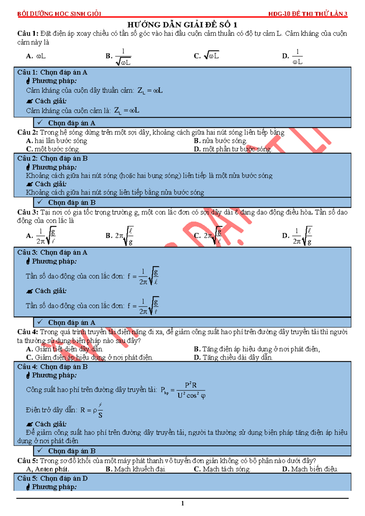 HDG-10 DE LAN 4 - Bbbnnn - HƯỚNG DẪN GIẢI ĐỀ SỐ 1 Câu 1: Đặt điện áp ...