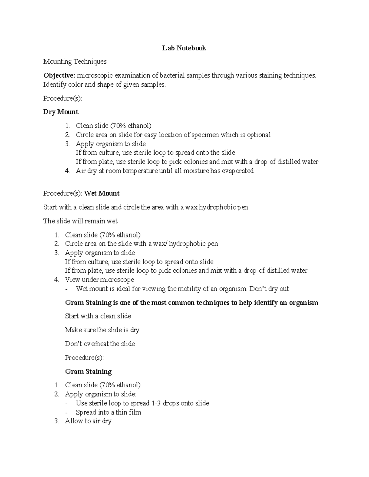 Bio 1020 notes - Lab Notebook Mounting Techniques Objective ...