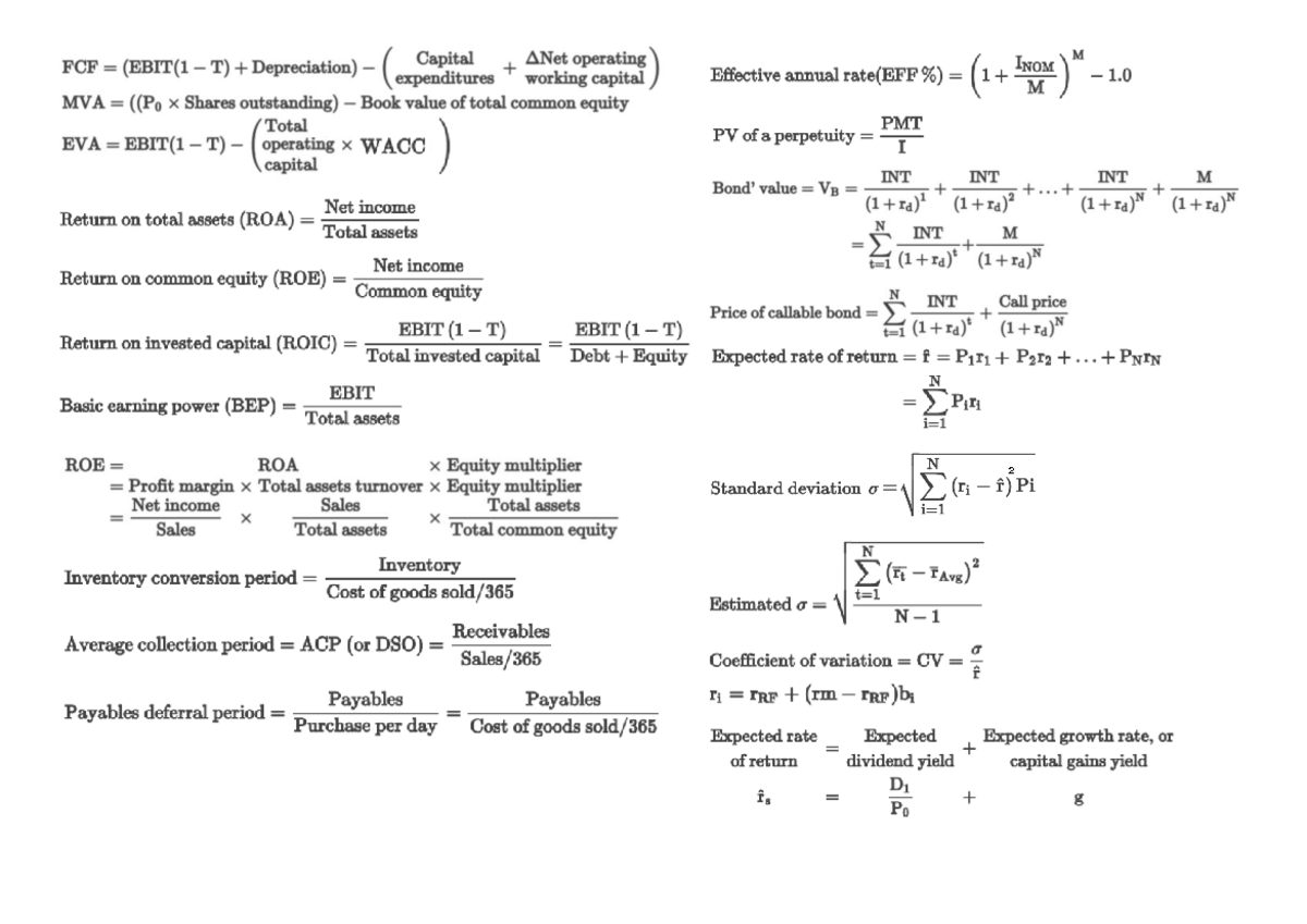 Finance Formula Sheet - FNCE101 - Studocu