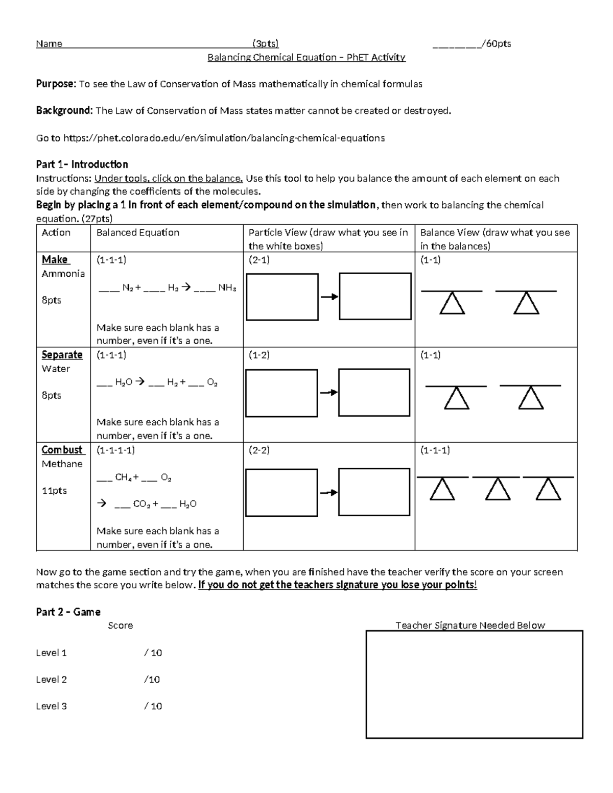Balancing Chemical Equations - Ph ET Activity - Name (3pts ...
