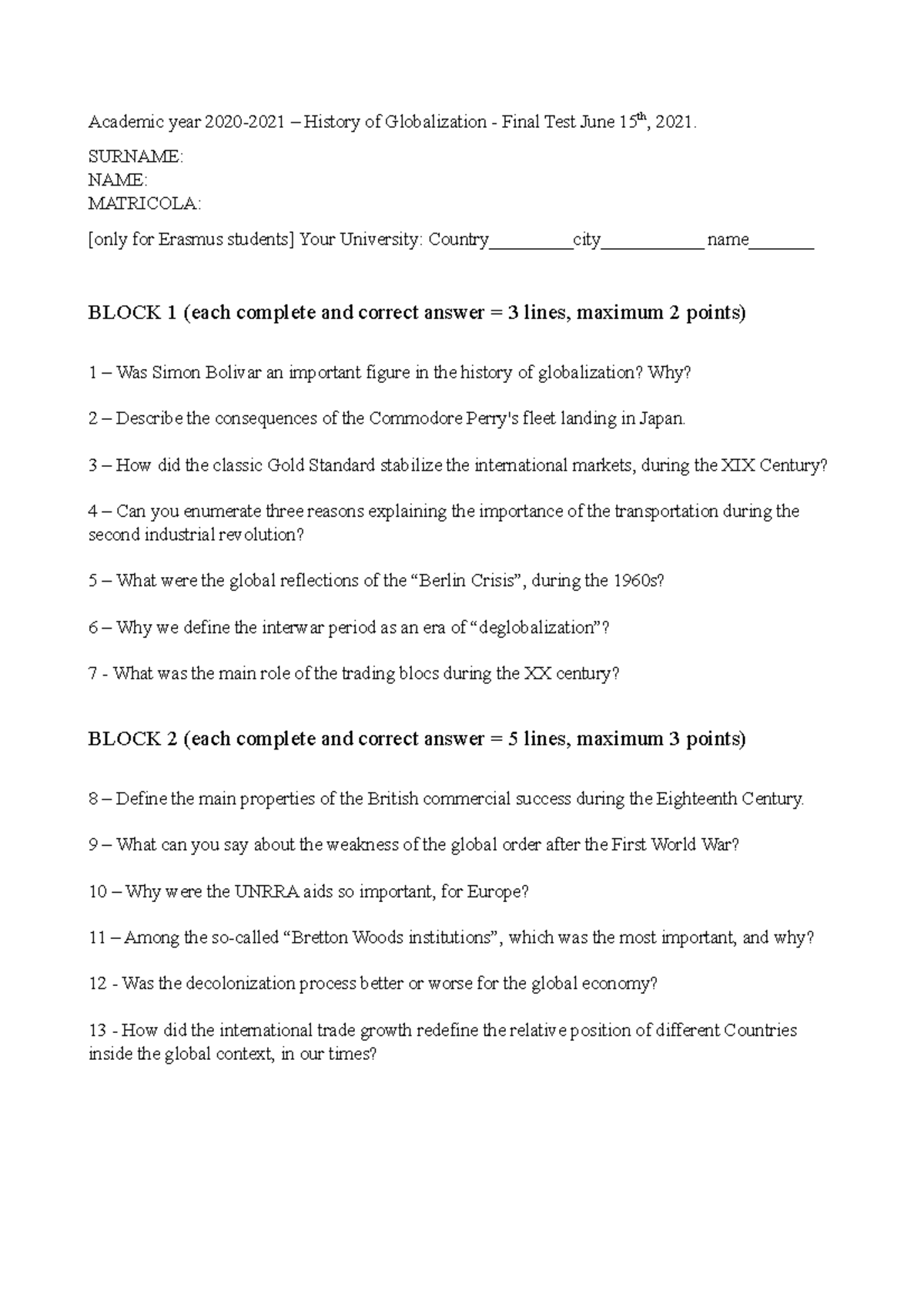 History of Globalization-Test 2021-06-15 - Academic year 2020-2021 ...