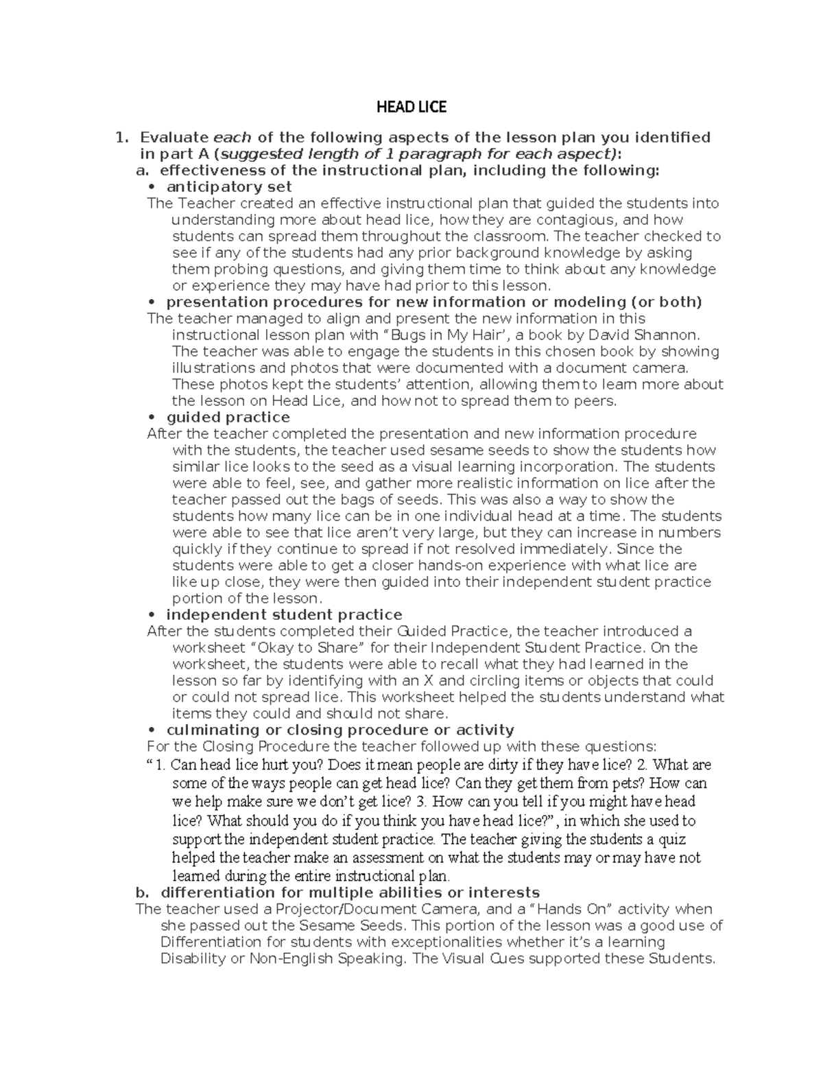 PE 2 - PE Methods Lesson plan - HEAD LICE 1. Evaluate each of the following aspects of the ...