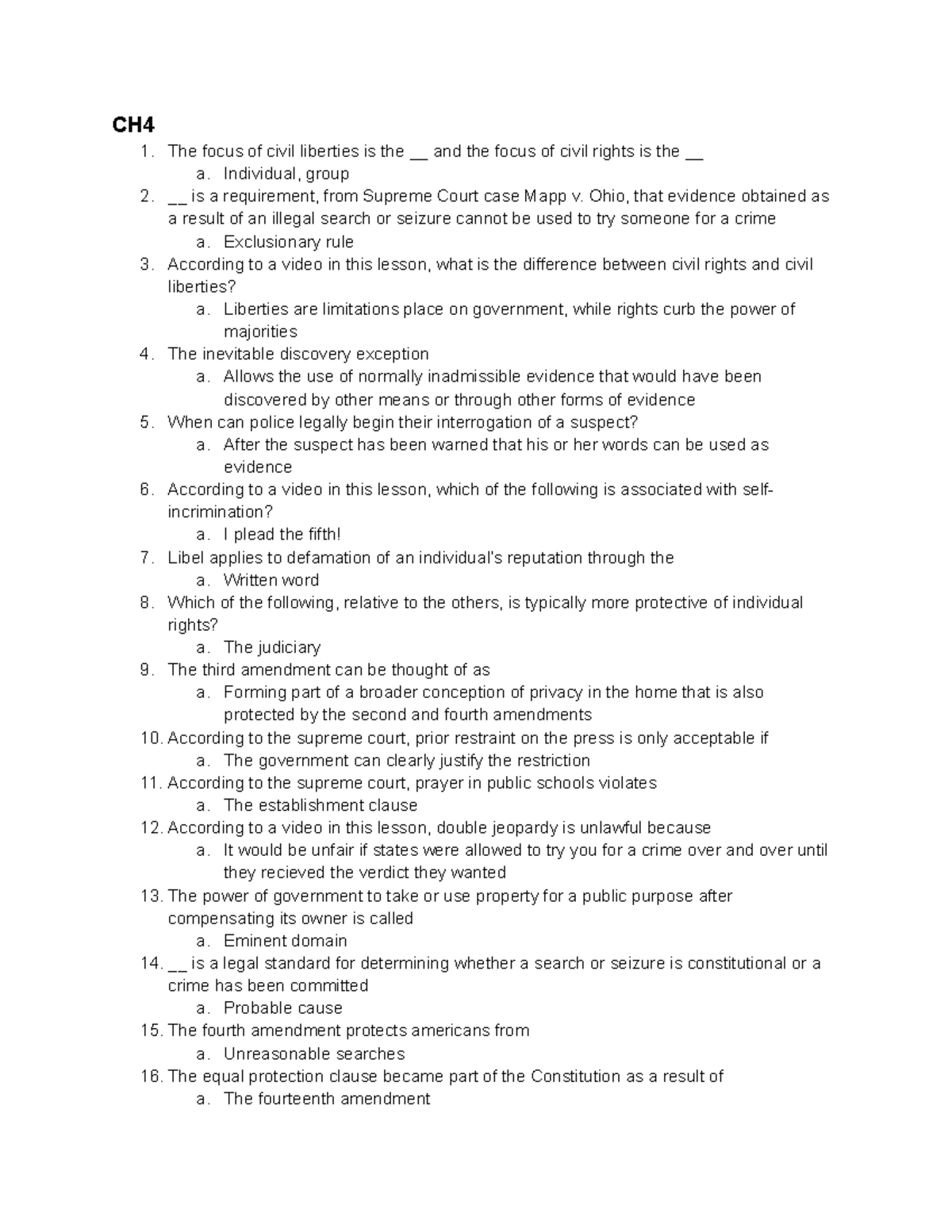 Govt test 3 review - CH The focus of civil liberties is the __ and the ...