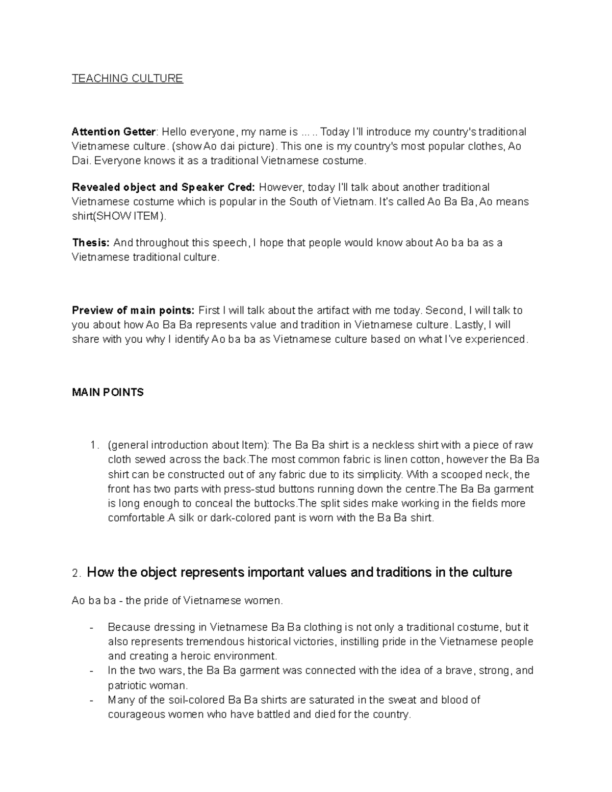 Cultural Artifact Speech Rough Draft - TEACHING CULTURE Attention ...