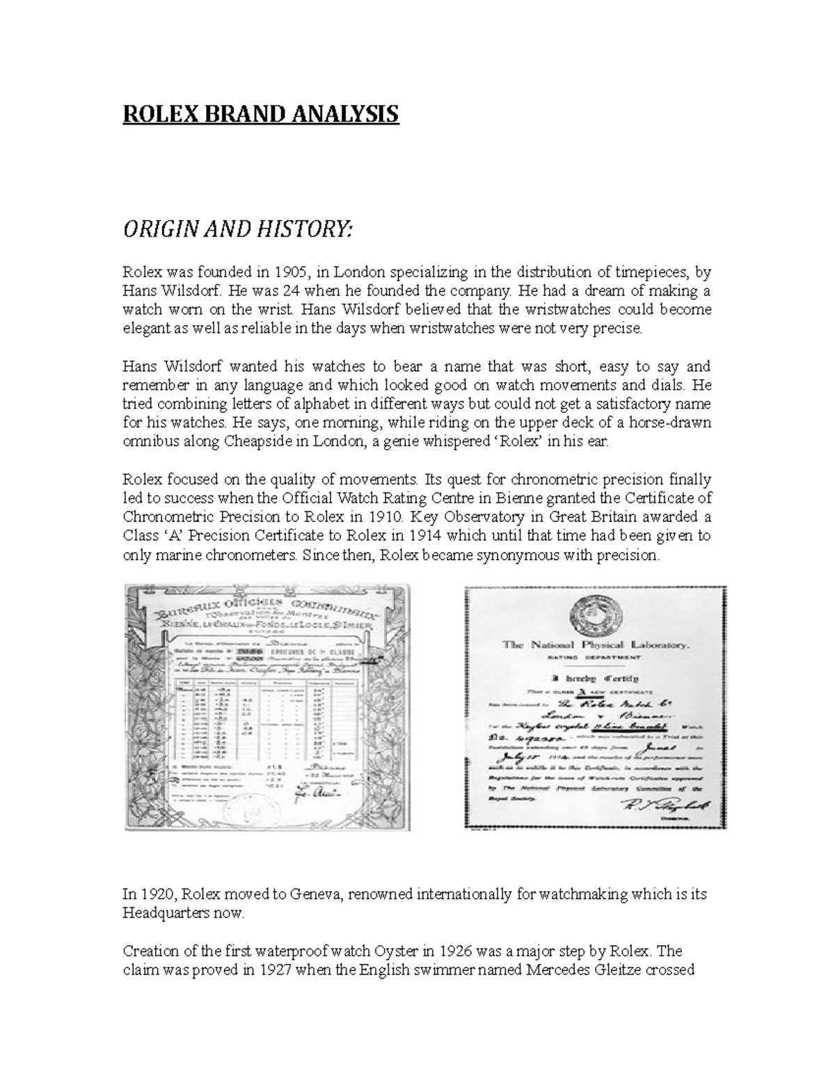 Rolex Brand Analysis - Lecture notes 1 - ROLEX BRAND ANALYSIS ORIGIN ...