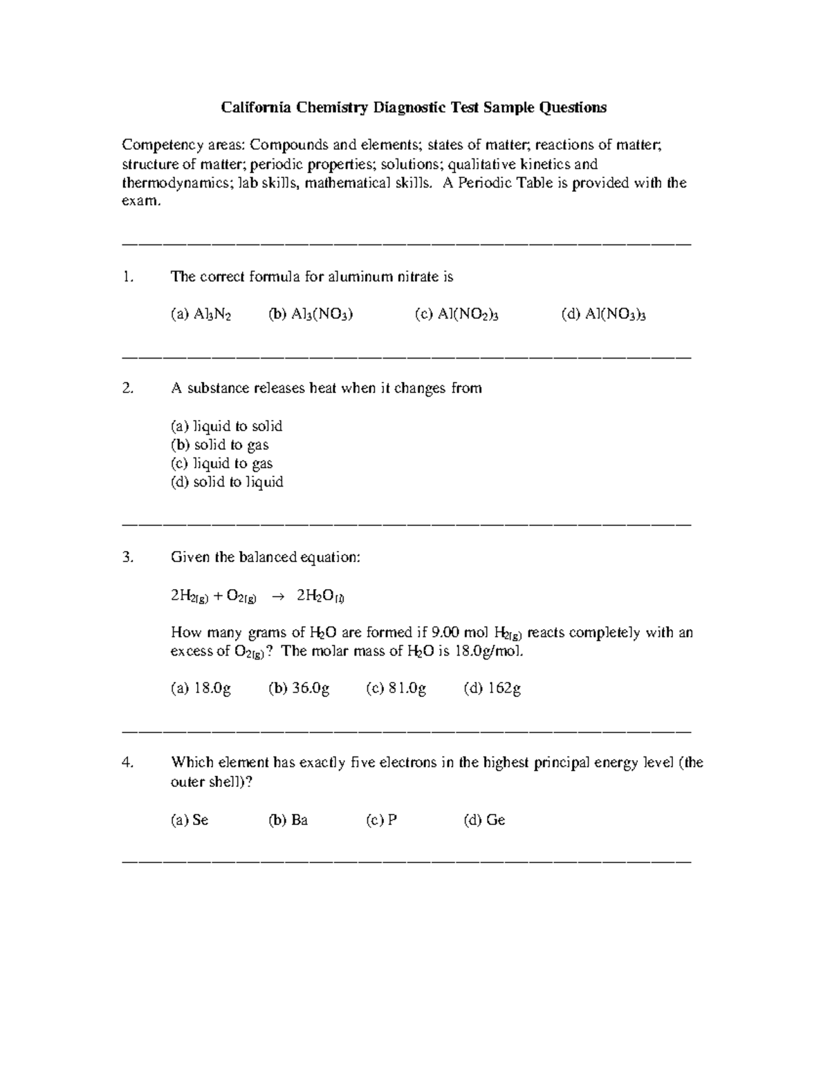 Chemistry sample - California Chemistry Diagnostic Test Sample ...