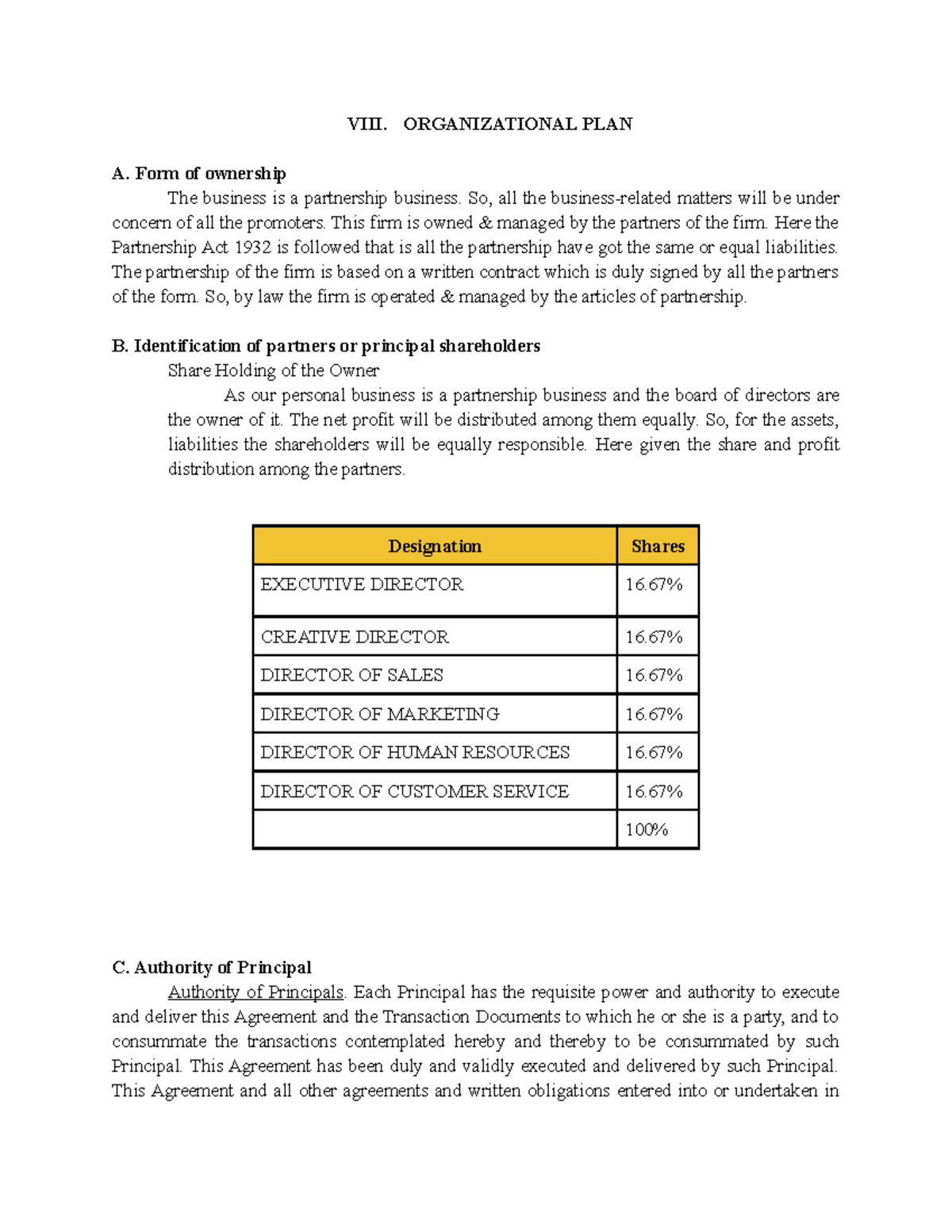 Business PLAN VIII Organizational PLAN - VIII. ORGANIZATIONAL PLAN A ...