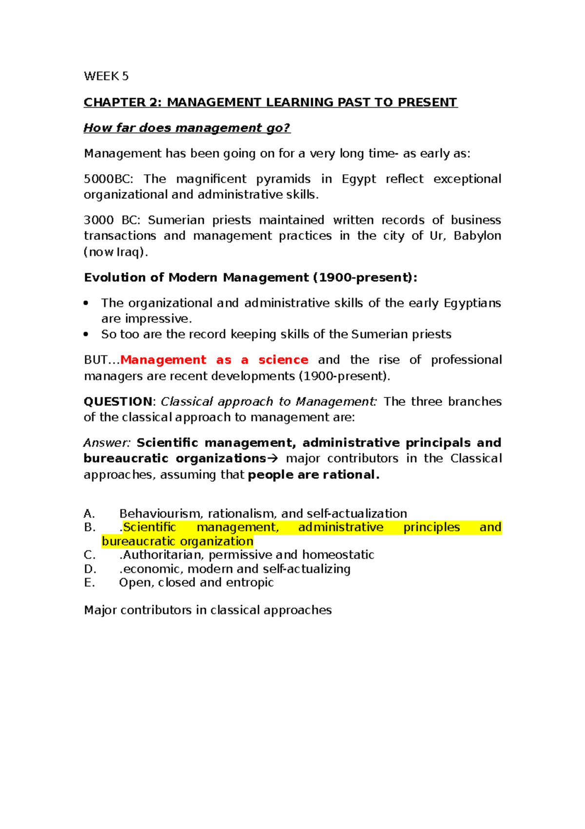 WEEK 5 - WEEK 5 CHAPTER 2: MANAGEMENT LEARNING PAST TO PRESENT How far ...