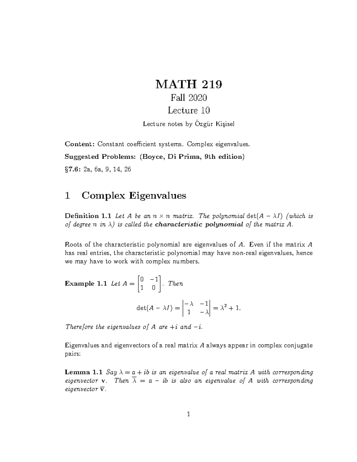 MATH219 Lecture 10 - math - MATH 219 Fall 2020 Lecture 10 Lecture notes ...