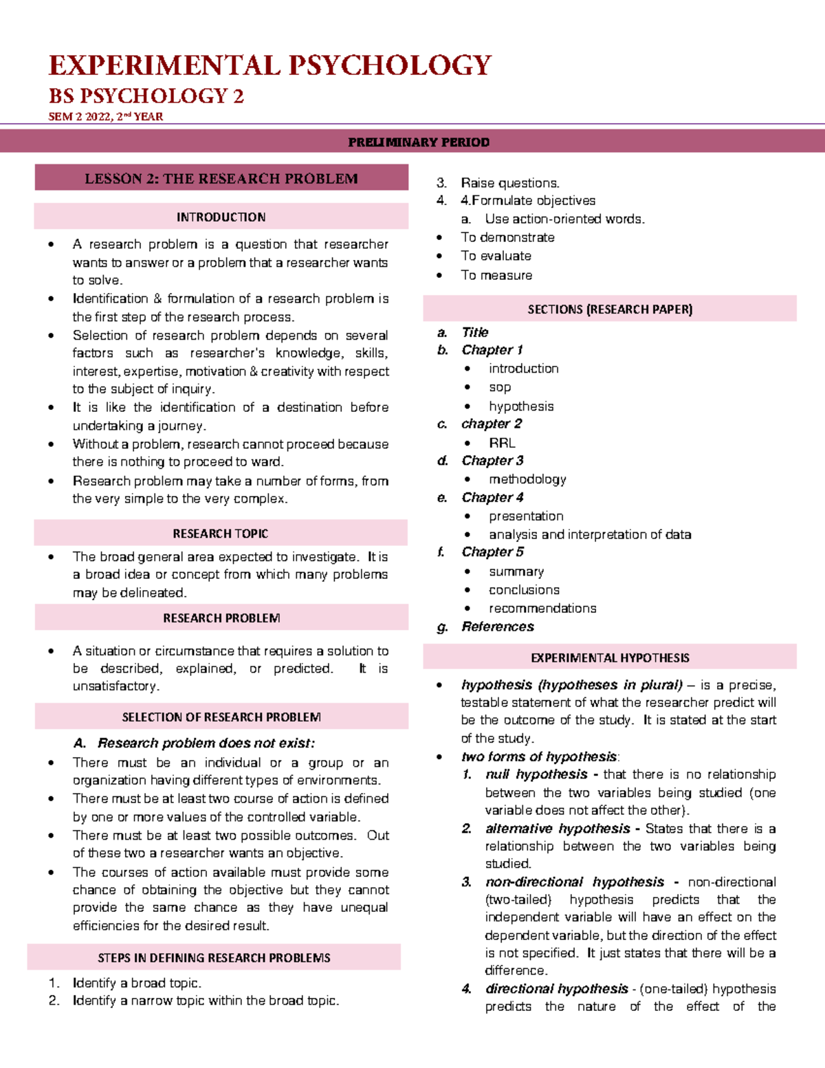 Expi prelims pt - Notes - BS PSYCHOLOGY 2 SEM 2 2022, 2nd YEAR ...