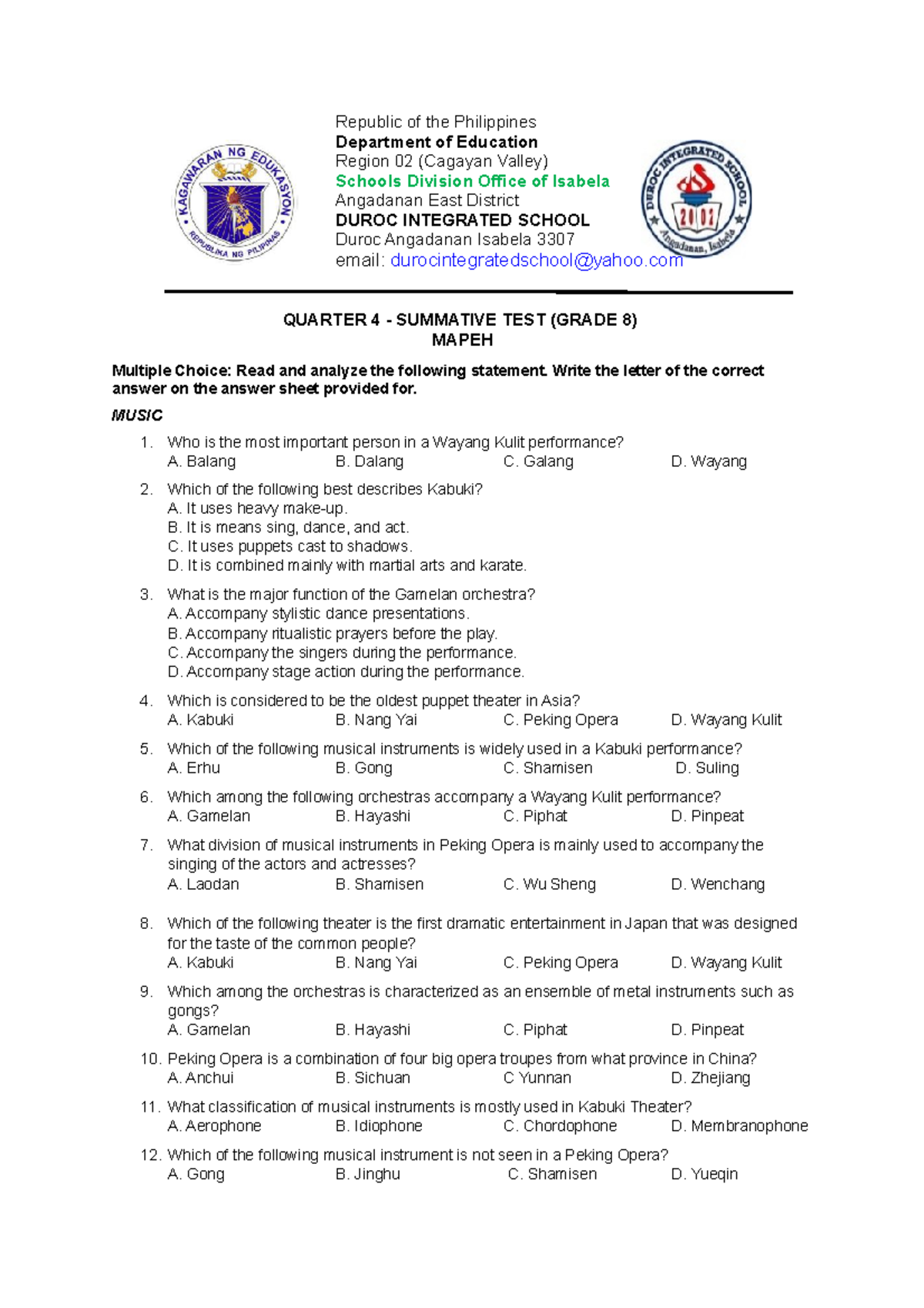 4TH Quarter Summative Grade 8 - Republic of the Philippines Department ...