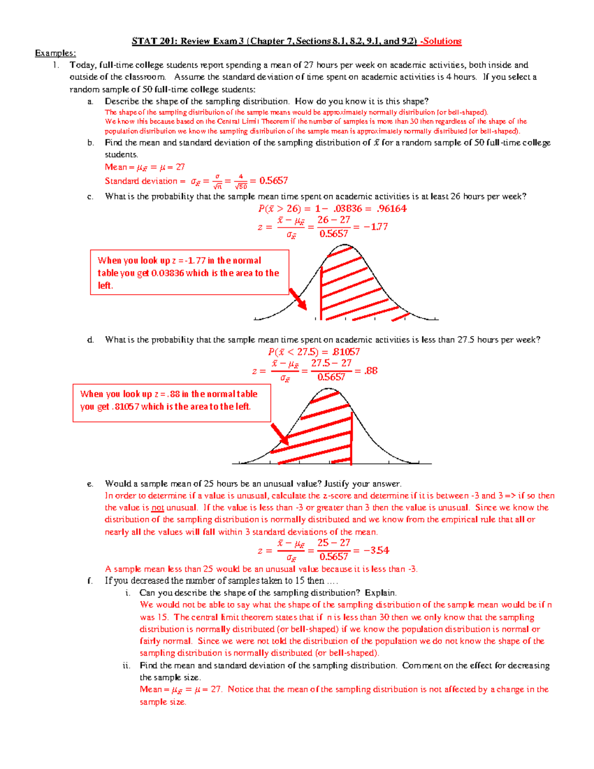 Exam 3 Review Solutions - STAT 201: Review Exam 3 (Chapter 7, Sections ...