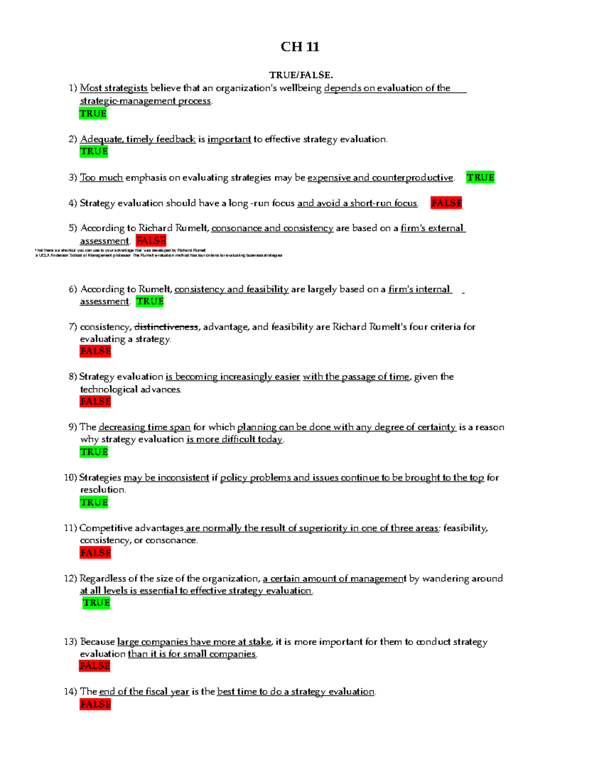 CH 11 test bank smمع الملاحظات - CH 11 TRUE/FALSE. 1)Most strategists ...