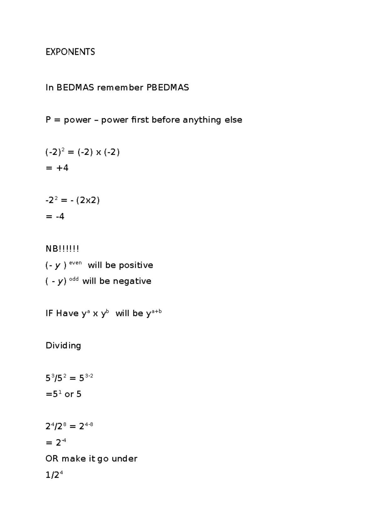 Exponents - EXPONENTS In BEDMAS remember PBEDMAS P = power – power ...