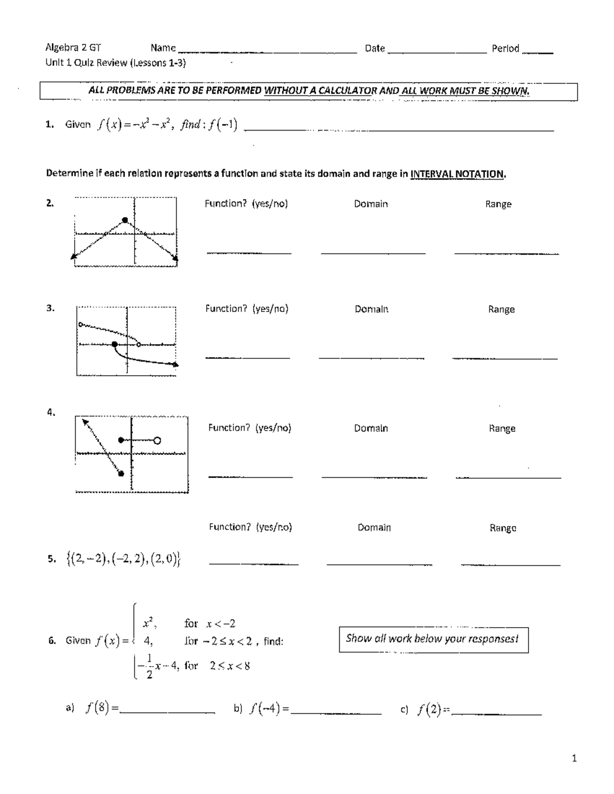 Unit 1 Quiz Review Packet - Algebra 2 GT Name Date Period Unit 1 Quiz ...
