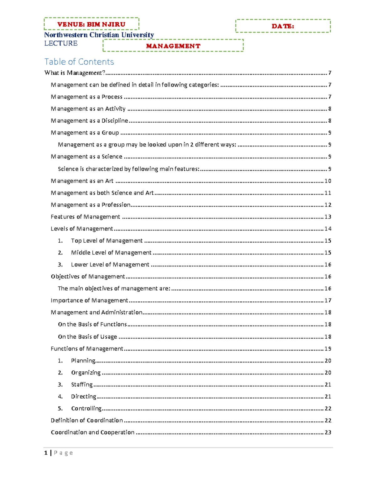 Management Lecture Notes - Northwestern Christian University LECTURE ...