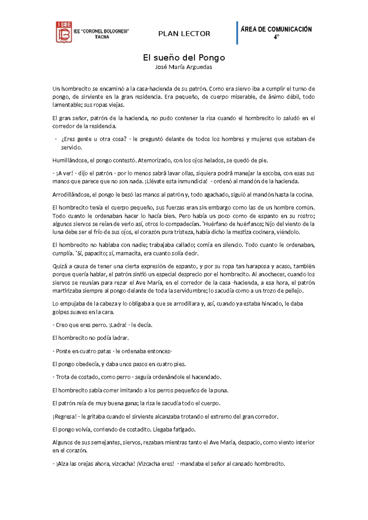 El sueño del Pongo - PLAN LECTOR 4° El sueño del Pongo José María ...