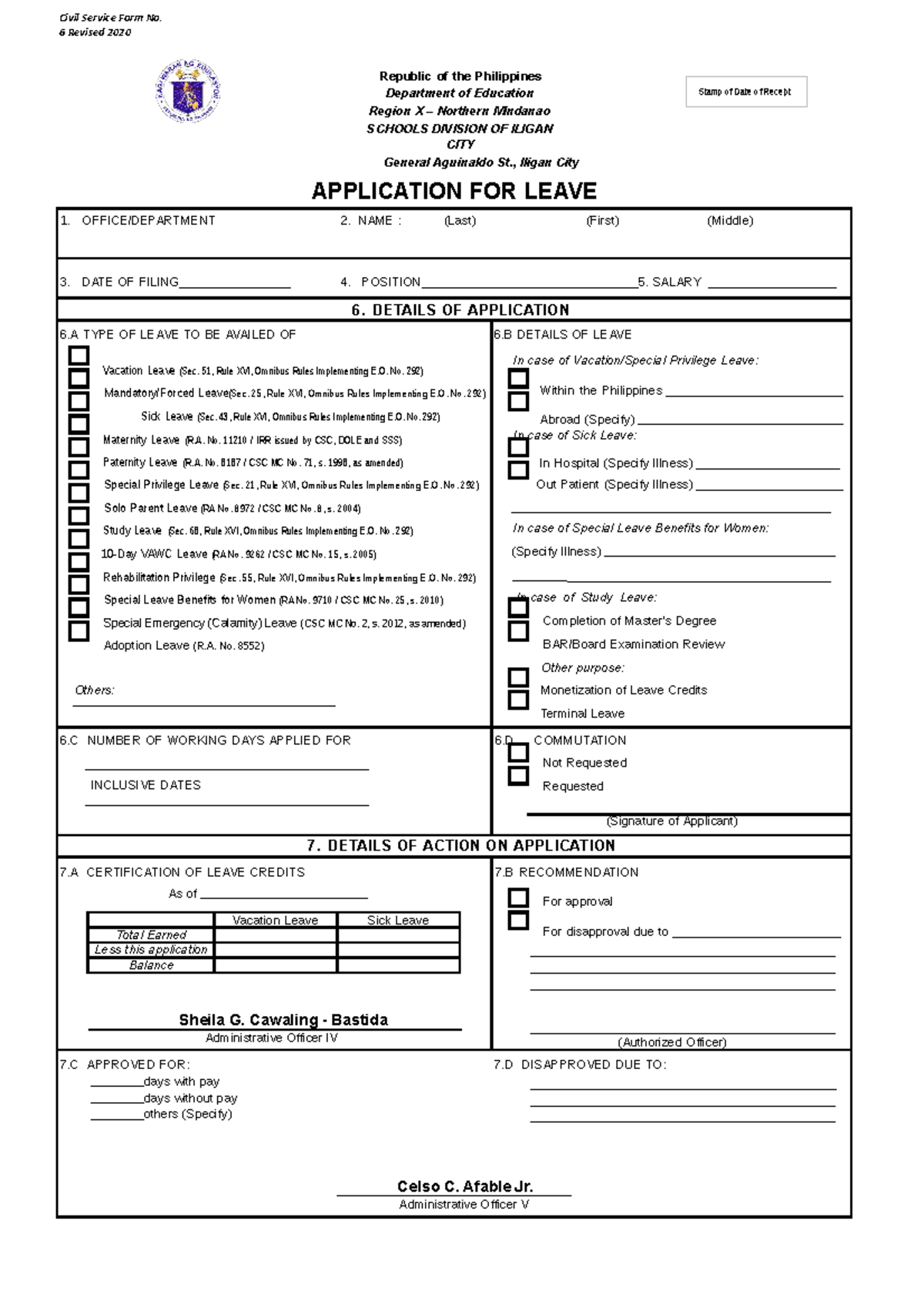 Application OF Leave FORM 6 Civil Service Form No 6 Revised 2020