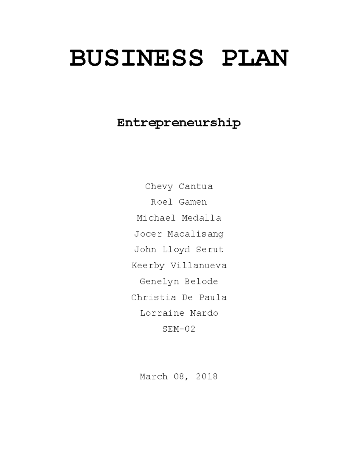 Business PLAN Final Paper 1 - BUSINESS PLAN Entrepreneurship Chevy ...