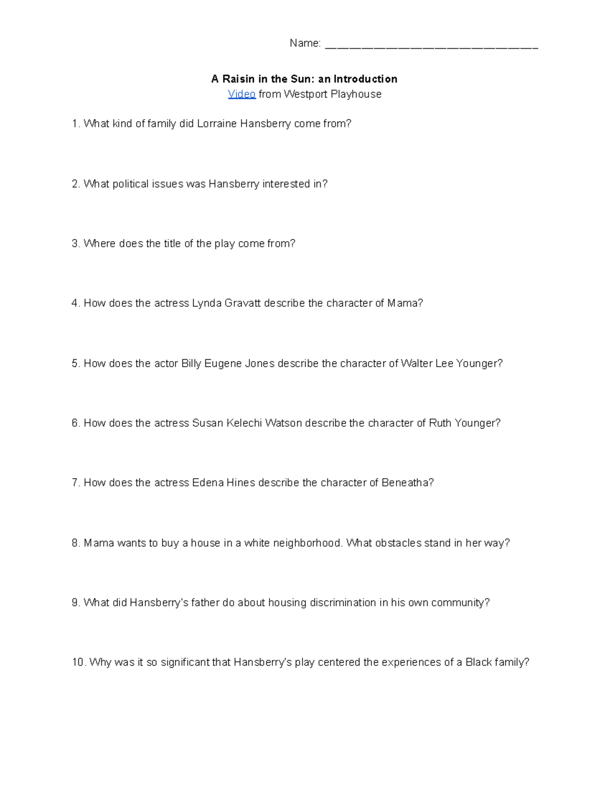 ARaisininthe Sun An Introduction Documentary Viewing Activity-1 - Name ...