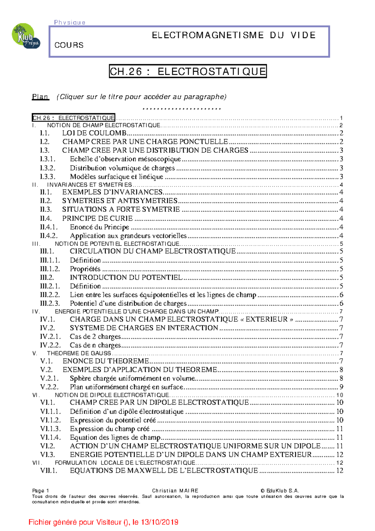 Electrostatique electrocinetique cours 02 - Page 1 Ch r ist ia n M AI ...
