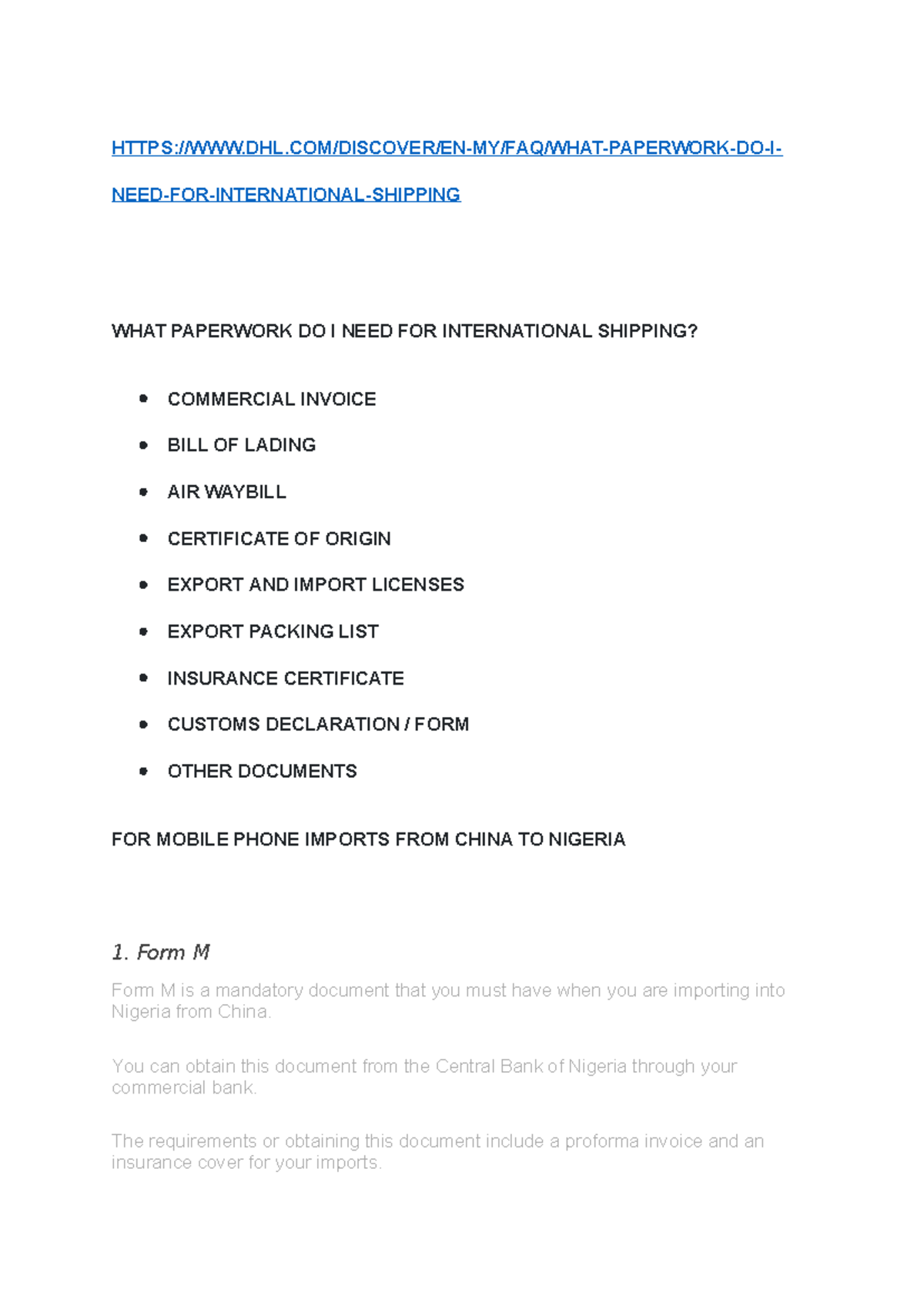 Freight Forwarding Documents - HTTPS:WWW.DHL/DISCOVER/EN-MY/FAQ/WHAT-PAPERWORK-DO-I- - Studocu