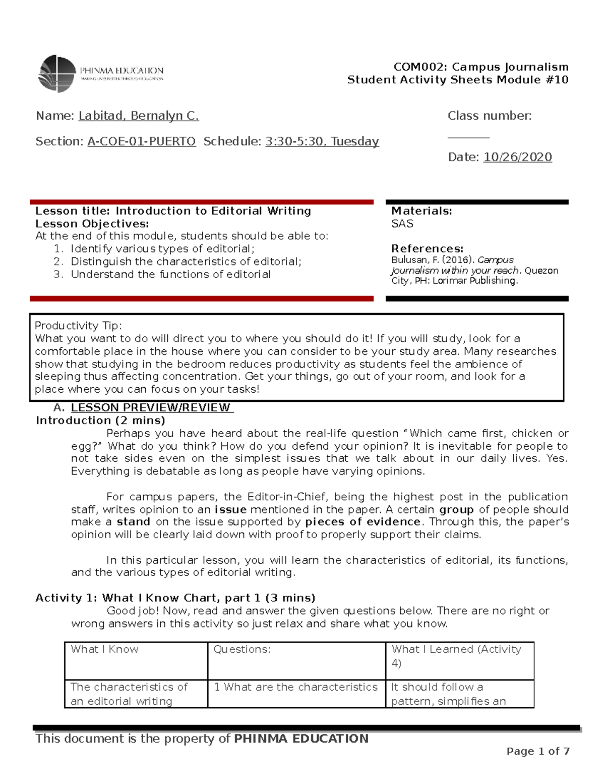 Labitad, Bernalyn C. (COM 002, Module 10) A-COE-01- Puerto - Student ...