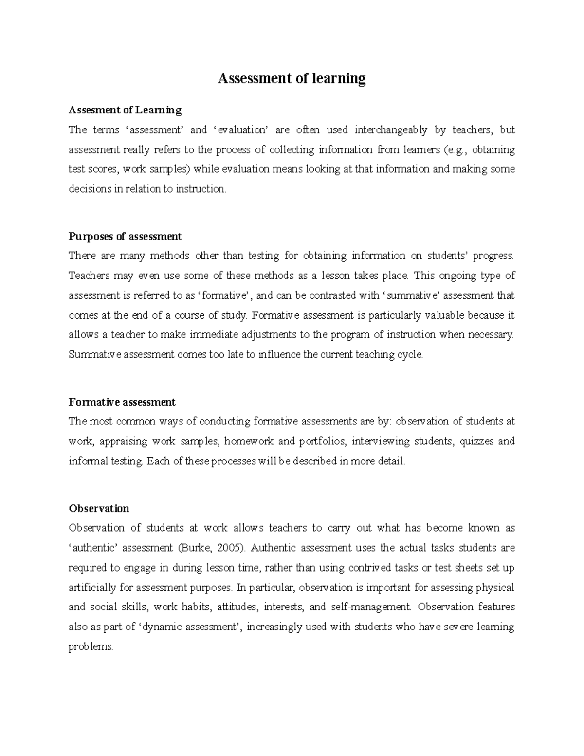 Summary Chapter VI Assessment Of Learning Assesment Of Learning The
