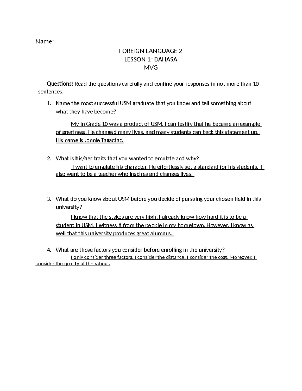 Foreign Language 2 Lesson 1 Bahasa Mvg - Name: FOREIGN LANGUAGE 2 ...